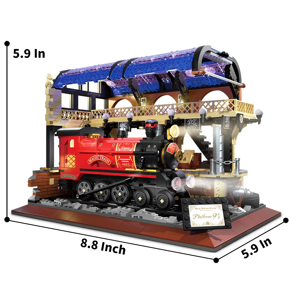 EDGKODK Retro Steam Magic Harry Express Building Kits, Collector's Edition Train Station Building Toys for Adult Challenge, 1308 Pieces Mini Bricks