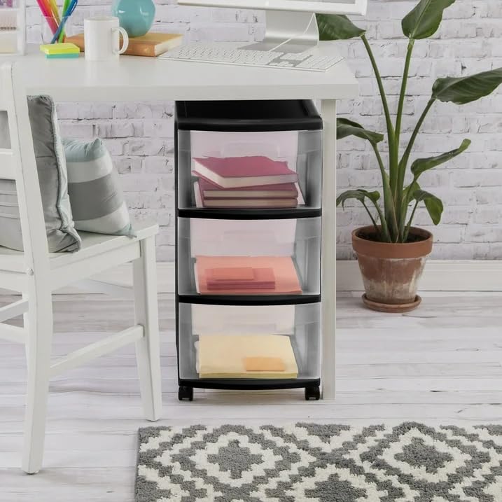 Generic QEEBEE 3 Drawer Plastic Cart, Black with Clear Drawers, Adult
