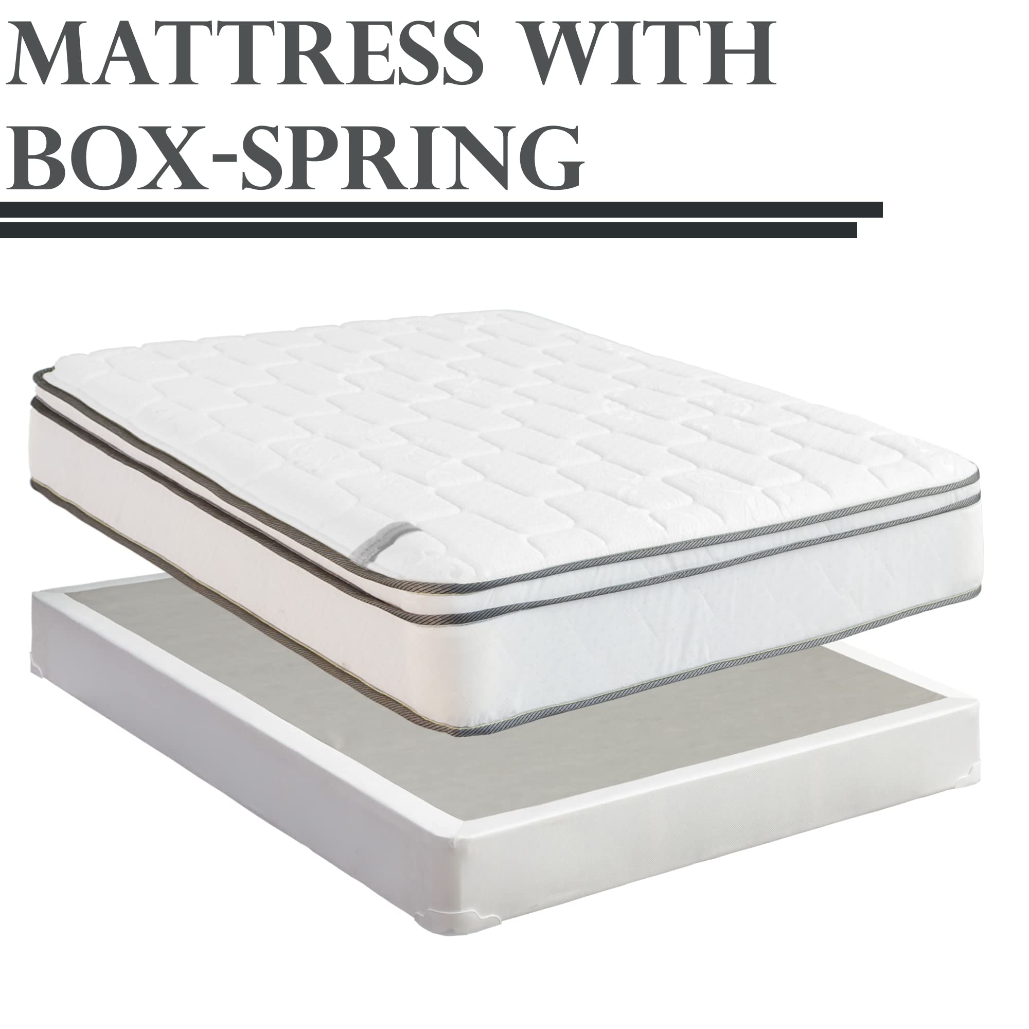 Mattress Solution Eurotop Pillowtop Innerspring Mattress and 8" Wood Boxspring/Foundation Set, Full, White