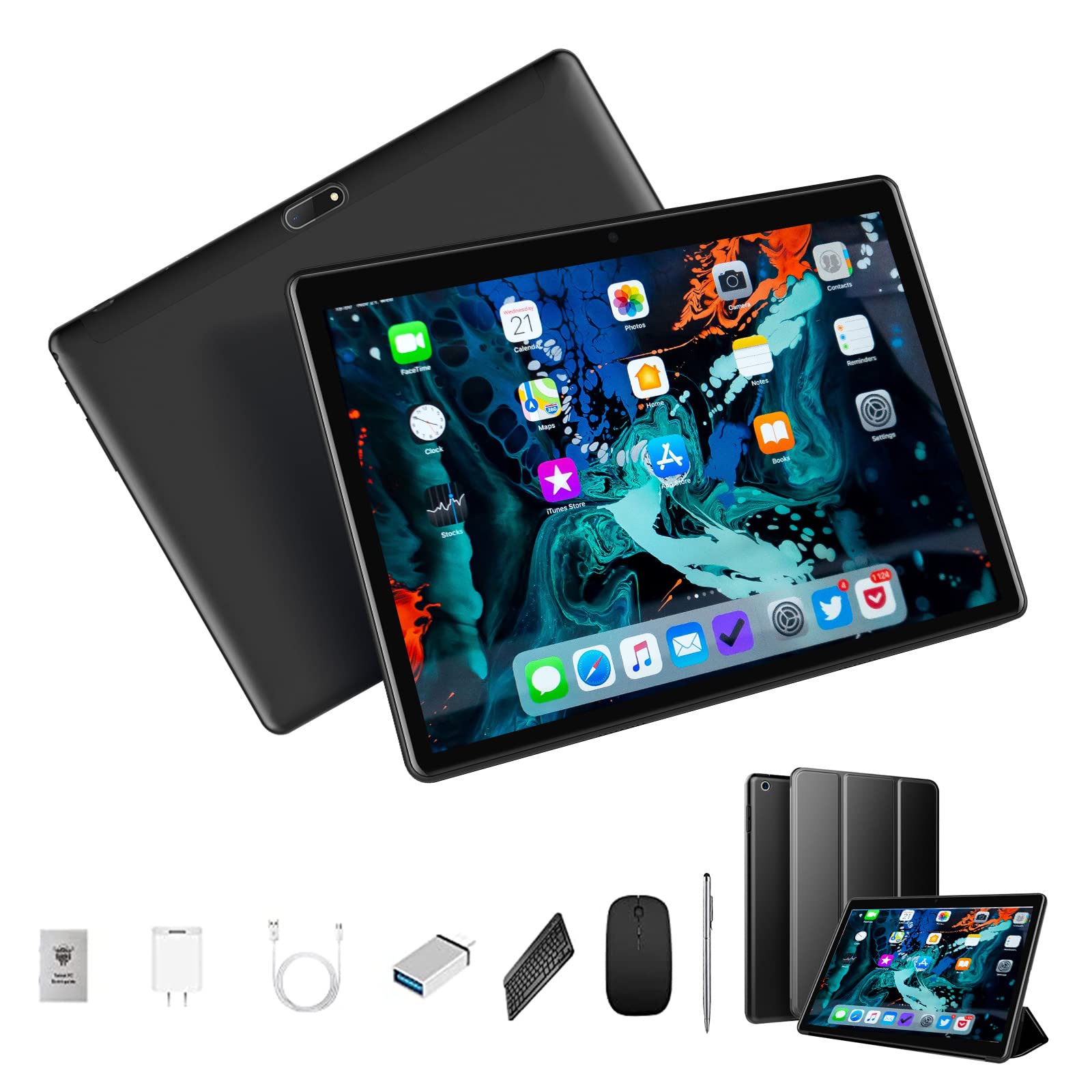 DUODUOGO Tablet 2 in 1, Tablet 10.1 inch Android 9 with Keyboard, Mouse Stylus Case, 3GB + 32GB(128GB Expand) 4G SIM+WiFi, Quad-Core Processor, HD Touch Screen, GMS Certified, DGO-A38 (Black)