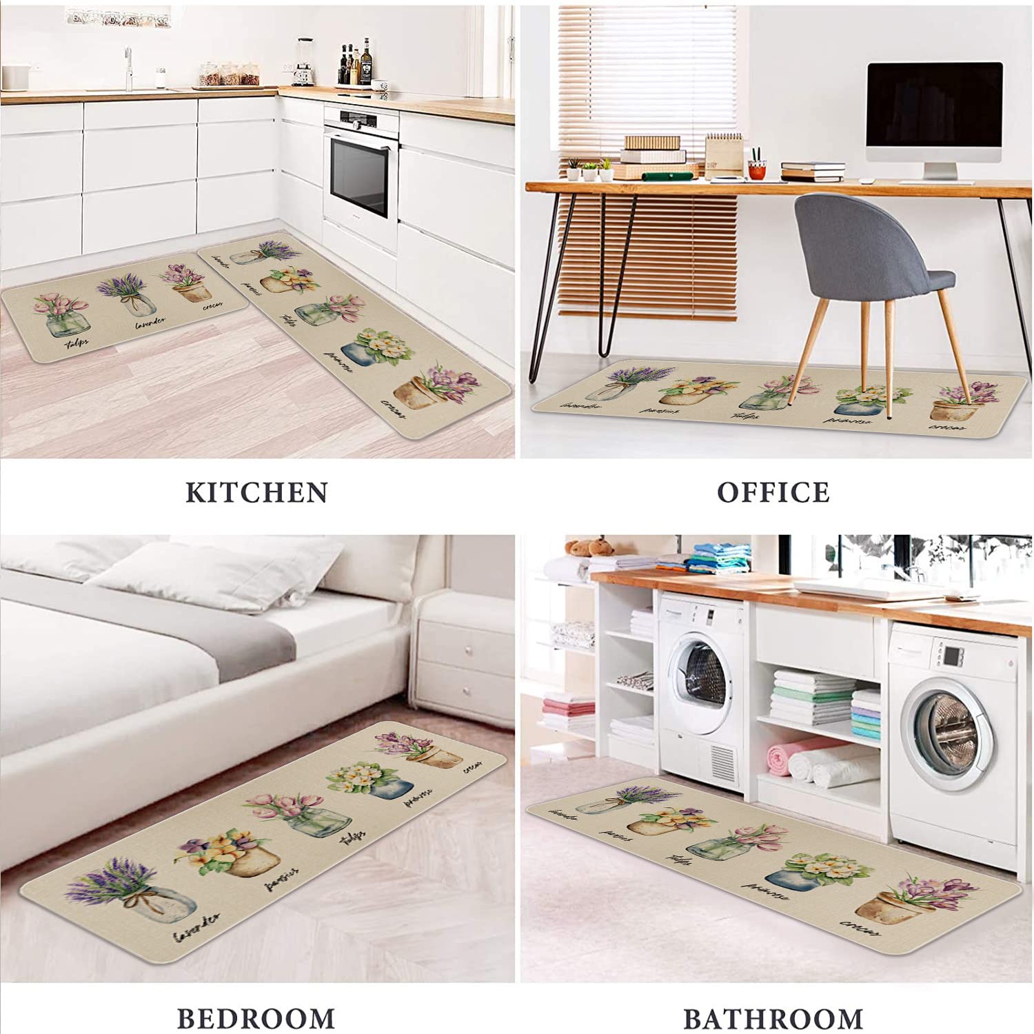 Eikunn Floral Kitchen Rugs and Mats Set of 2, Lavender Tulip Flower Kitchen Rug for Floor, Non-Slip Washable Comfort Standing Kitchen Sink Runner Rug Holiday Kitchen Accessories