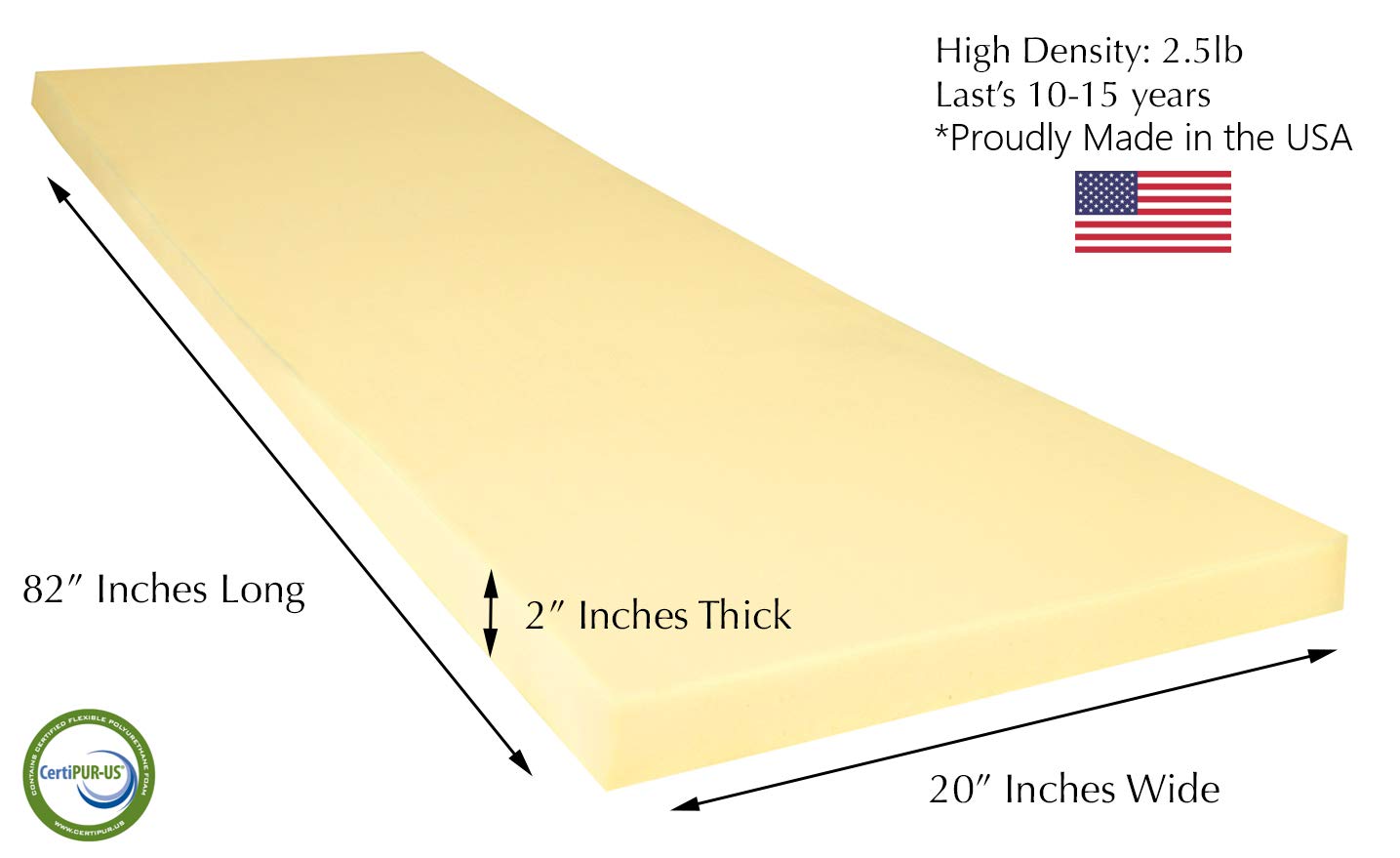 ComfortStyle High Resilience 2.5lb Density Replacement Seat Cushion Upholstery Foam for Sofa or Dining Chair, 2 Inch Thick, (2 x 20 x 82) CertiPUR-US Certified