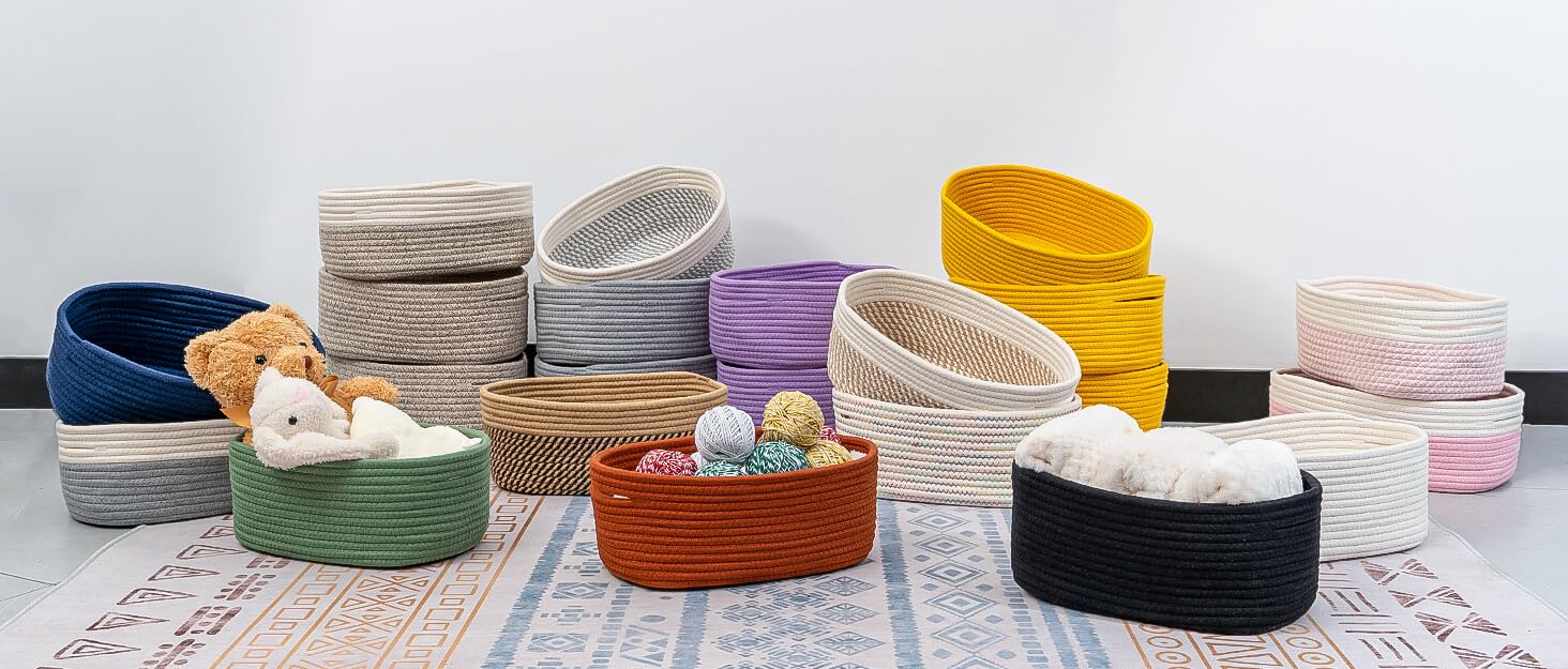 CubesLand Rope Woven Storage Baskets, Small Baby Nursery Organizer Basket, Rectangular Organization/Storage Bins, Closet Shelves Baskets，Empty Gift Basket 3 Packs, Off White/Light Brown