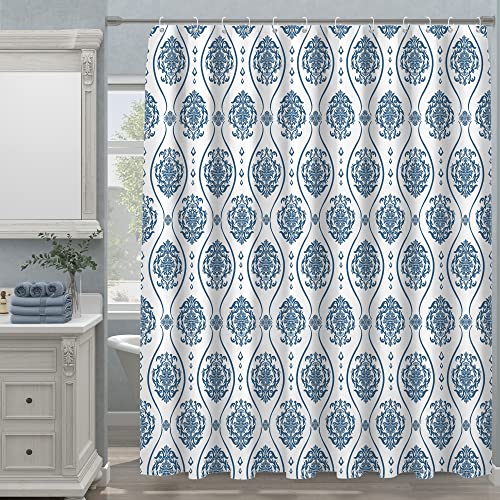 SUMGAR Boho Damask Flowers Shower Curtain Blue and White, Retro Ogee Pattern Bathroom Curtains, Classic Paisley Totem Moroccan Beach Fabric Shower Curtains Set with Hooks 72x72 Inches