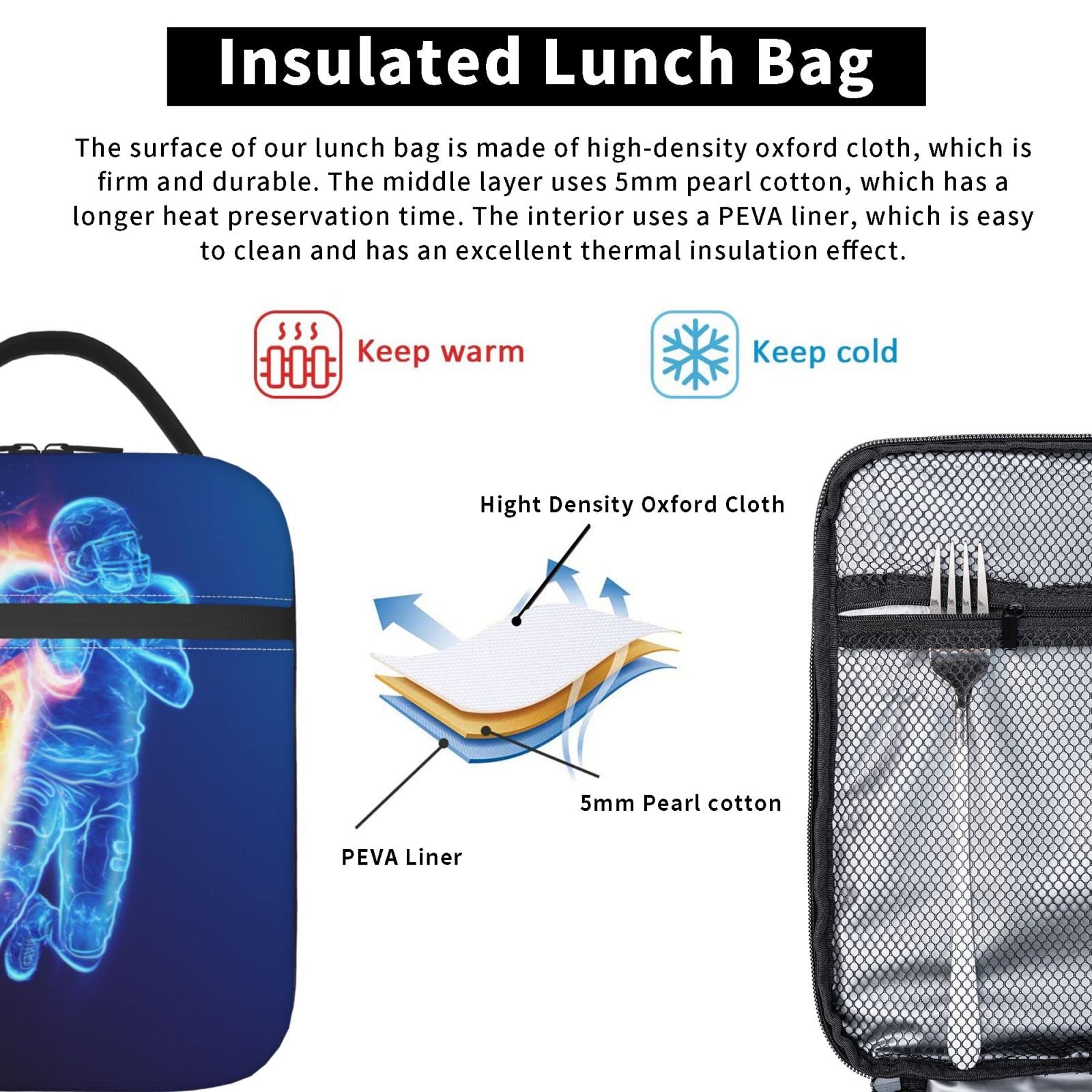 EKAZROMY Boys Football Insulated Lunch Box Bag with Name, Black Lunchboxes with Personalized Text Design, Food Container Tote Bag with Multi-Pocket for Office Work Outdoor Picnic