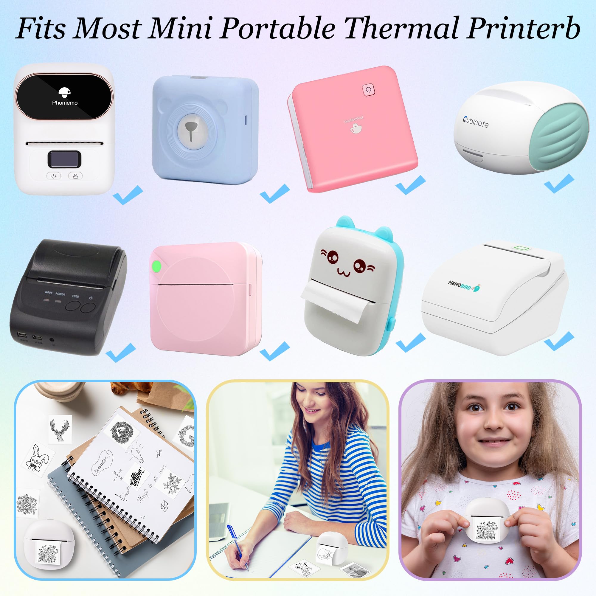 GQIRIL Thermal Printer Sticker Paper - 5 Rolls White Mini Printable Sticker Paper, Adhesive Printing Paper Rolls for Mini Portable Printer, 56 x 25 mm Thermal Print Stickers for Label Photo List Note