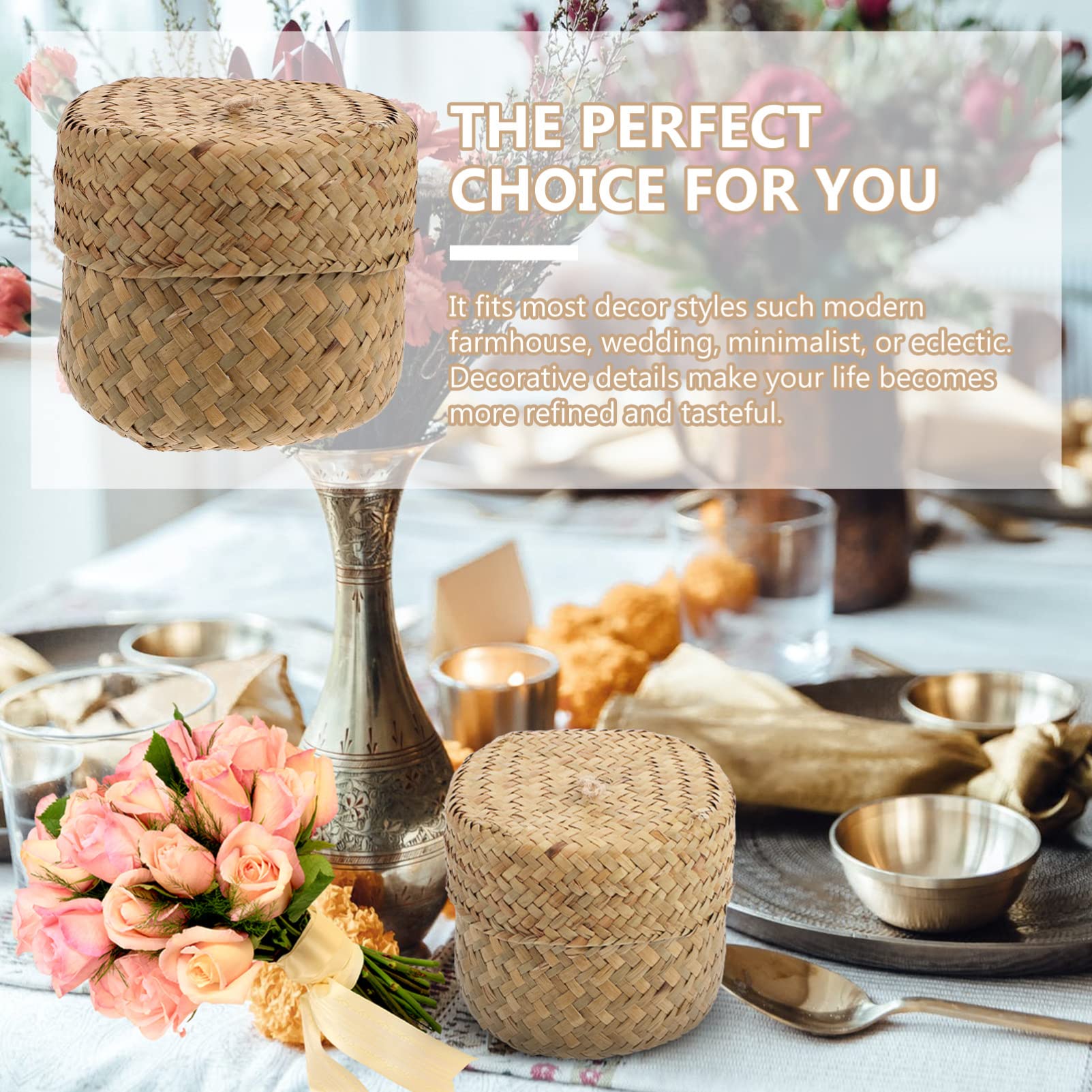 DOITOOL Hand Woven Seagrass Mini Round Basket with Lid, 12x9cm, Beige, Tabletop Decorative Storage Basket