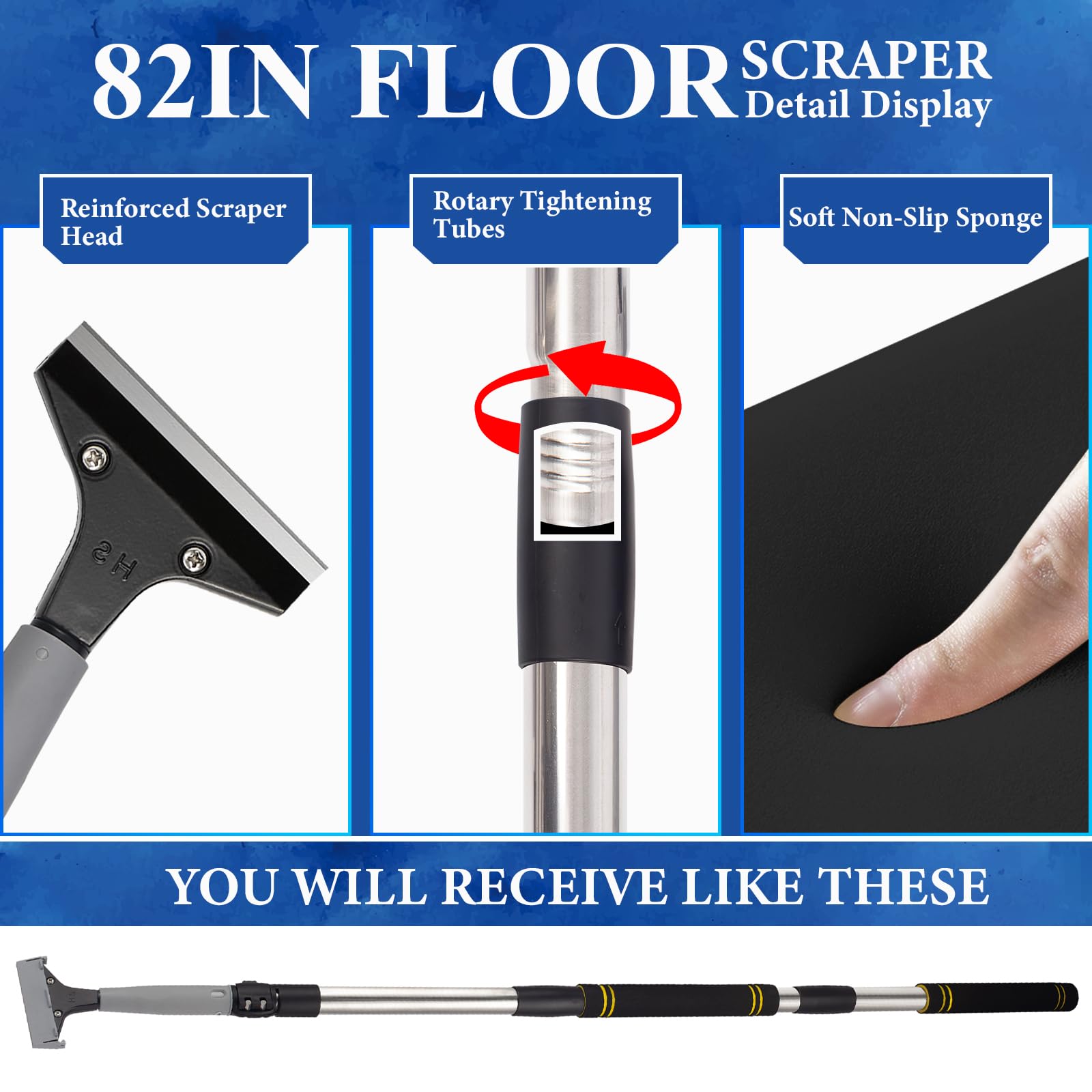 Frebuta Floor Scraper Long Handle Telescopic Pole, 38 to 52in Heavy Duty 4Inch Razor Blade Floor Scrapers Metal Paint Scraper with 10PCS Extra Metal Blades Paint Scraper (Gray, Telescopic 4Feet)
