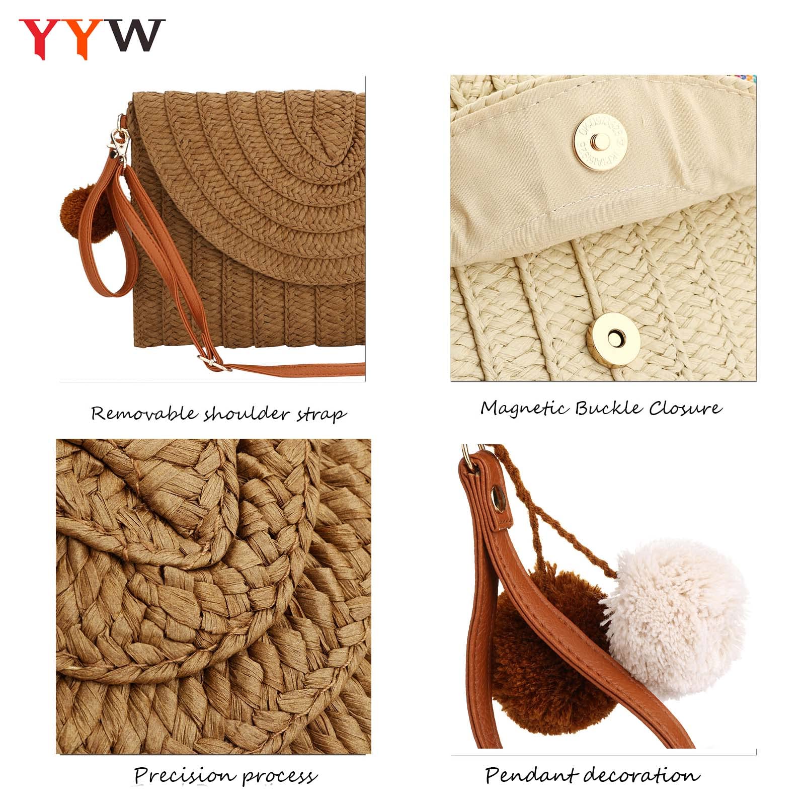 Straw Clutch,Straw Handbag Clutch for Women Summer Beach Straw Woven Envelope Purse Wallet (Dark khaki)