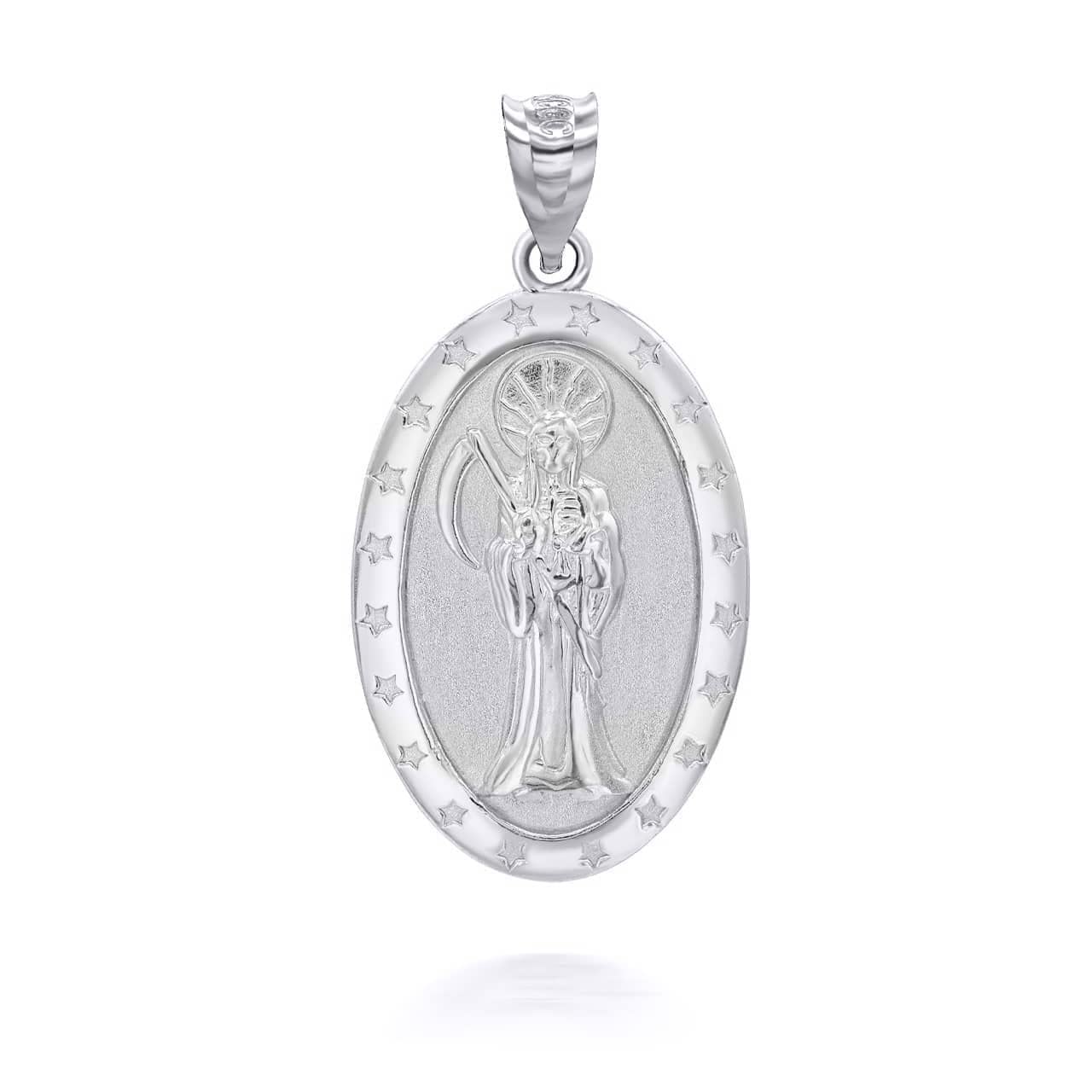 Claddagh Gold Santa Muerte (Grim Reaper) Oval Medal in Solid 925 Sterling Silver Pendant