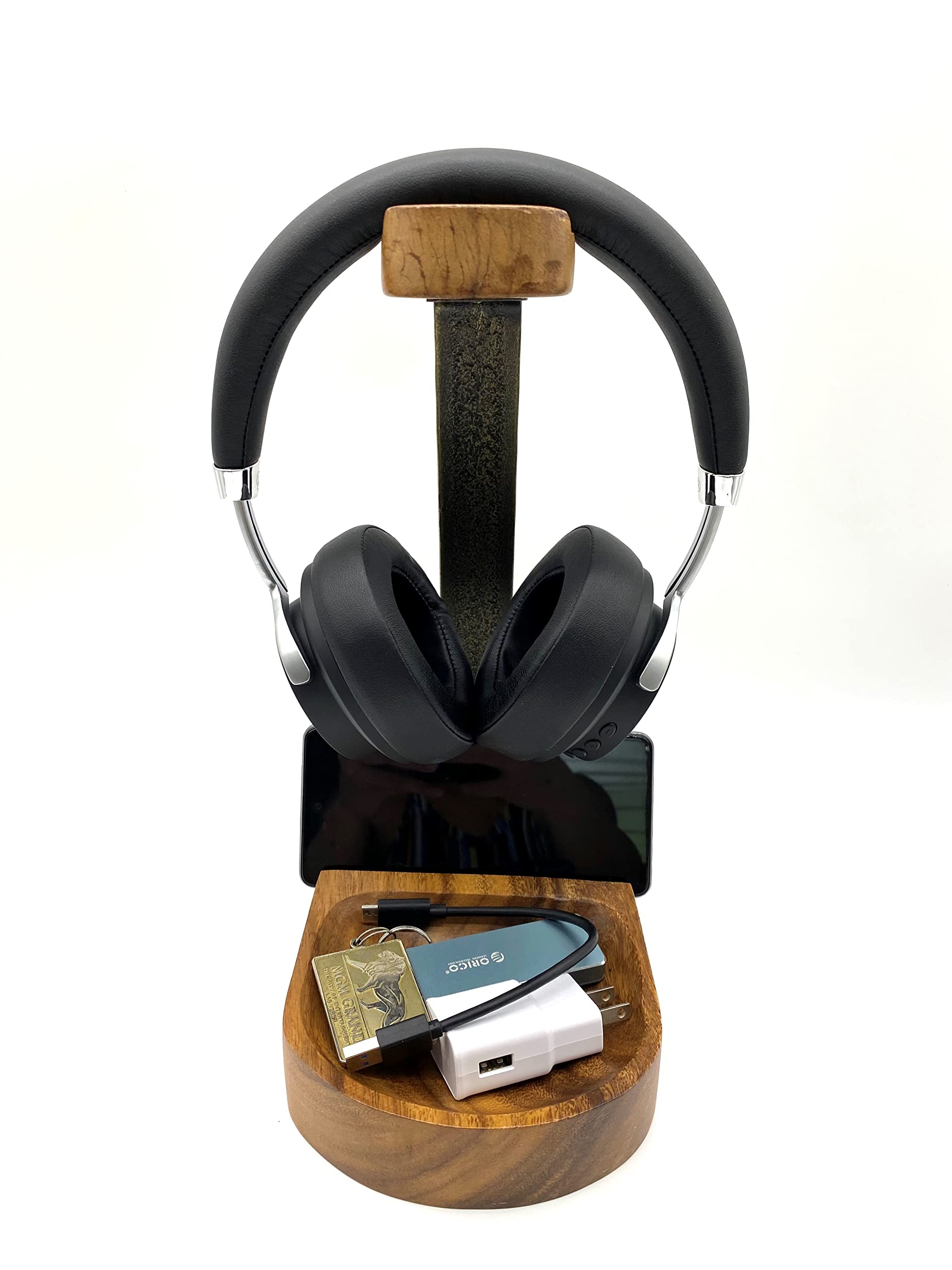 WRIGHTMART Acacia Wood Headphone Stand, Headset Stand with Storage Tray, Heavy Duty Holder for Over-Ear Headphones, Cell Phone, iPhone, Compatible with Bose, Beats, Sony, Sennheiser