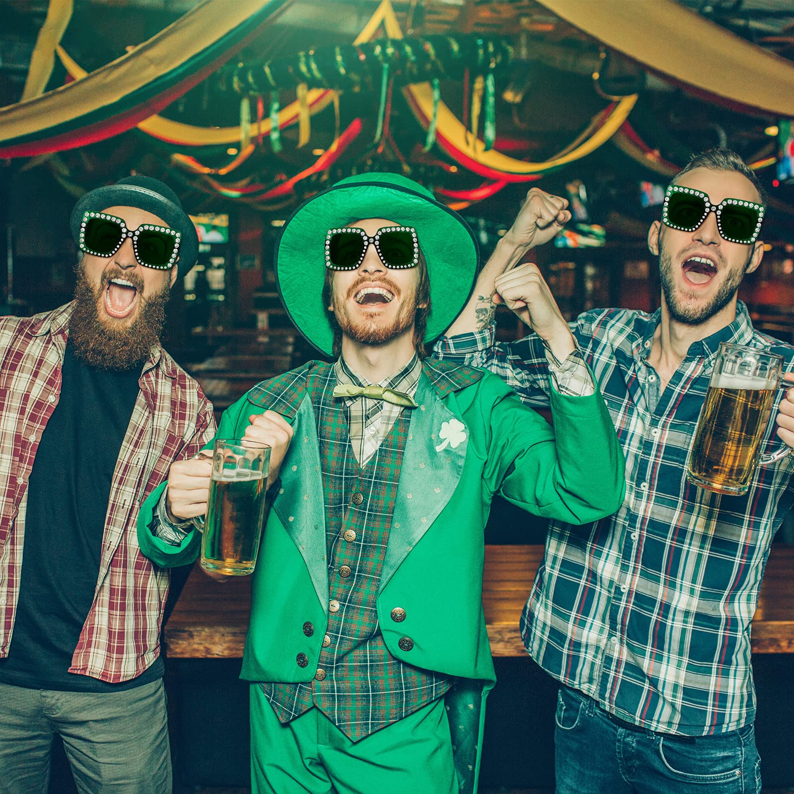 Ecally 3 Pairs St. Patrick's Day Glasses Green Square Rhinestone Sunglasses Oversized Disco Sunglasses Accessories for Women Men Irish Day Party Gift
