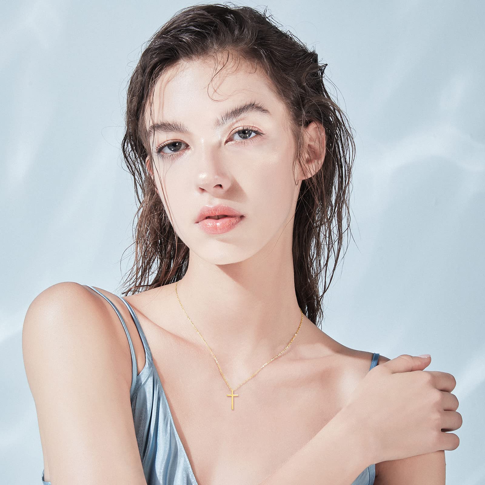 Carleen 14K Solid Real Yellow Gold Small Little Faith Cross Crucifix Pendant Necklaces Jewelry Valentines Day Gift Idea for Women, 18" Chain