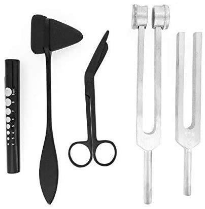 SURGICAL ONLINE Tactical Black - Set of Multi Purpose Diagnostic kit for Neurological, EMT and Eye EXAM, Reflex Percussion Taylor Hammer + Penlight + Tuning Fork C 128 C 512 + Bandage Scissors 5.5"