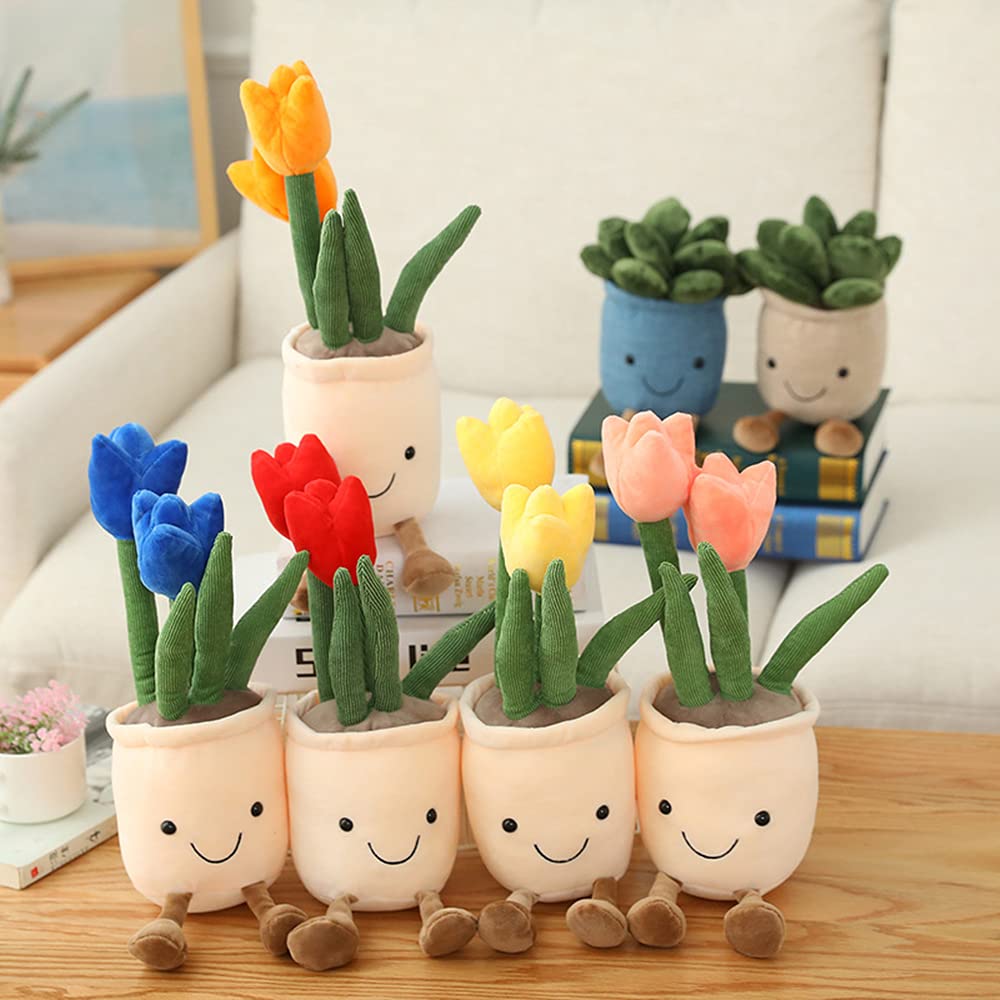 WUZHOU Tulip Plush Toy, 13.7" Flower Pot Stuffed Plushie Pillow Decoration, Soft Fluffy Toy Succulent Plants Friend Throw Pillow, Multicolor (Khaki-Succulent)