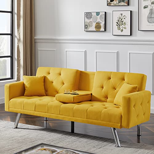 mikibama 76 Inch Futon Sofa Bed with Cup Holders, Linen Convertible Folding Futon Couch with Adjustable Backrest and Throw Pillows for Living Room, Tufted Sleeper Sofa with Metal Legs (Yellow)
