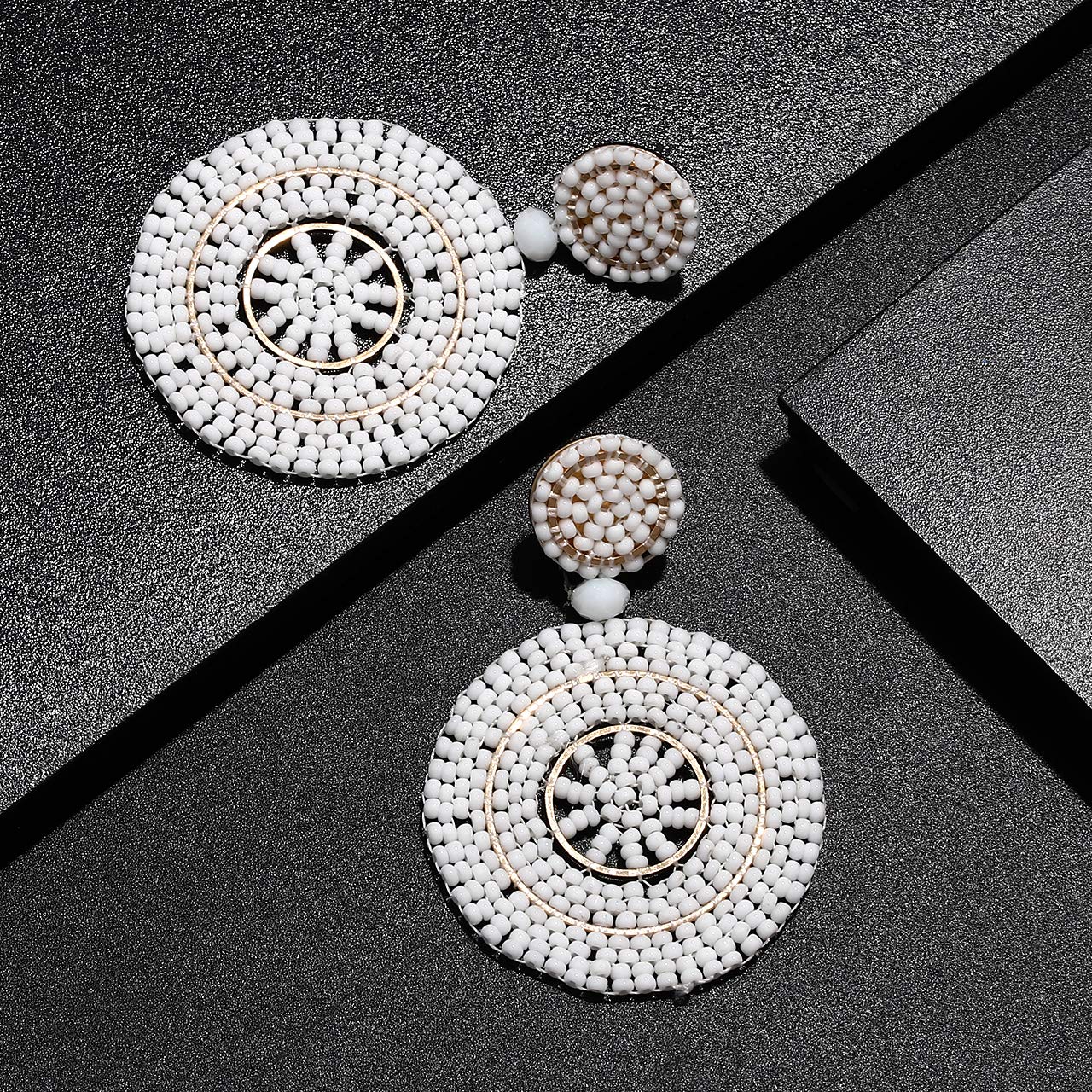 CEALXHENY Beaded Drop Earrings for Women Handmade Colorful Bead Earrings Bohemia Hoop Dangle Earring for Women (D White)