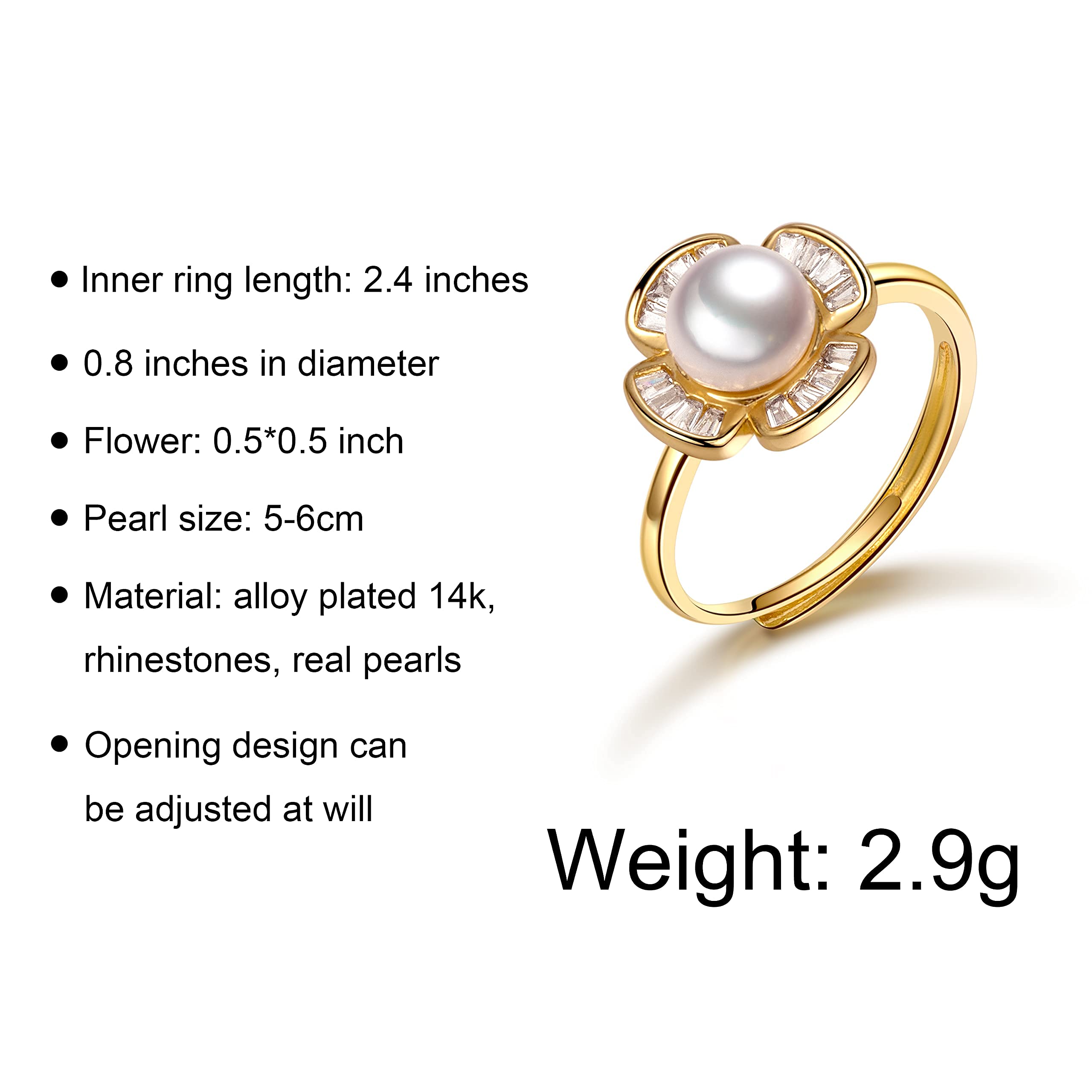 Cowlyn Pearl Rings Open Adjustable Four Leaf Clover Flower Cultured Pearls Cubic Zirconia Statement Handmade Anniversary Jewelry Gift for Women