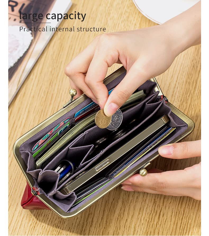 DORIS&JACKY Vintage Leather Clutch Purses for Women Small Evening Bag Wallet With Kiss Lock (3-Hot red)