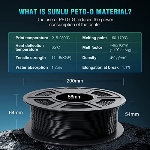 SUNLU PETG-G 3D Printer Filament 1.75mm 1 kg Spool, Better Flow of SUNLU no plugging Premium PETG-G Filament 1.75 +/- 0.02 mm for 3D Printing,Black