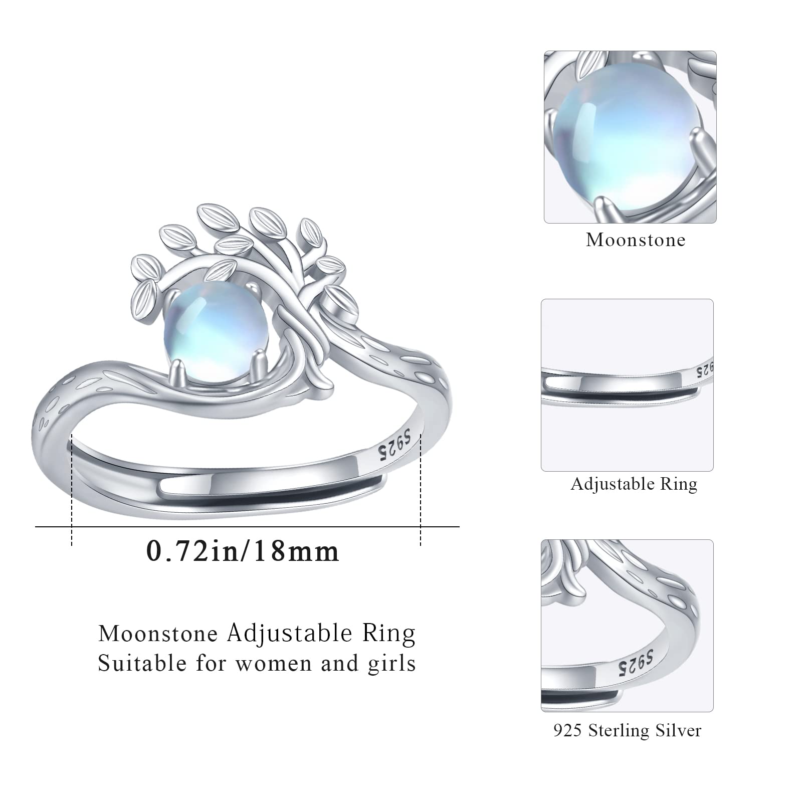 ECHOOY Moonstone Ring S925 Sterling Silver Tree Of Life Ring Moonstone Ring for Women Wrap Rings Promise Engagement Wedding Rings Size 8