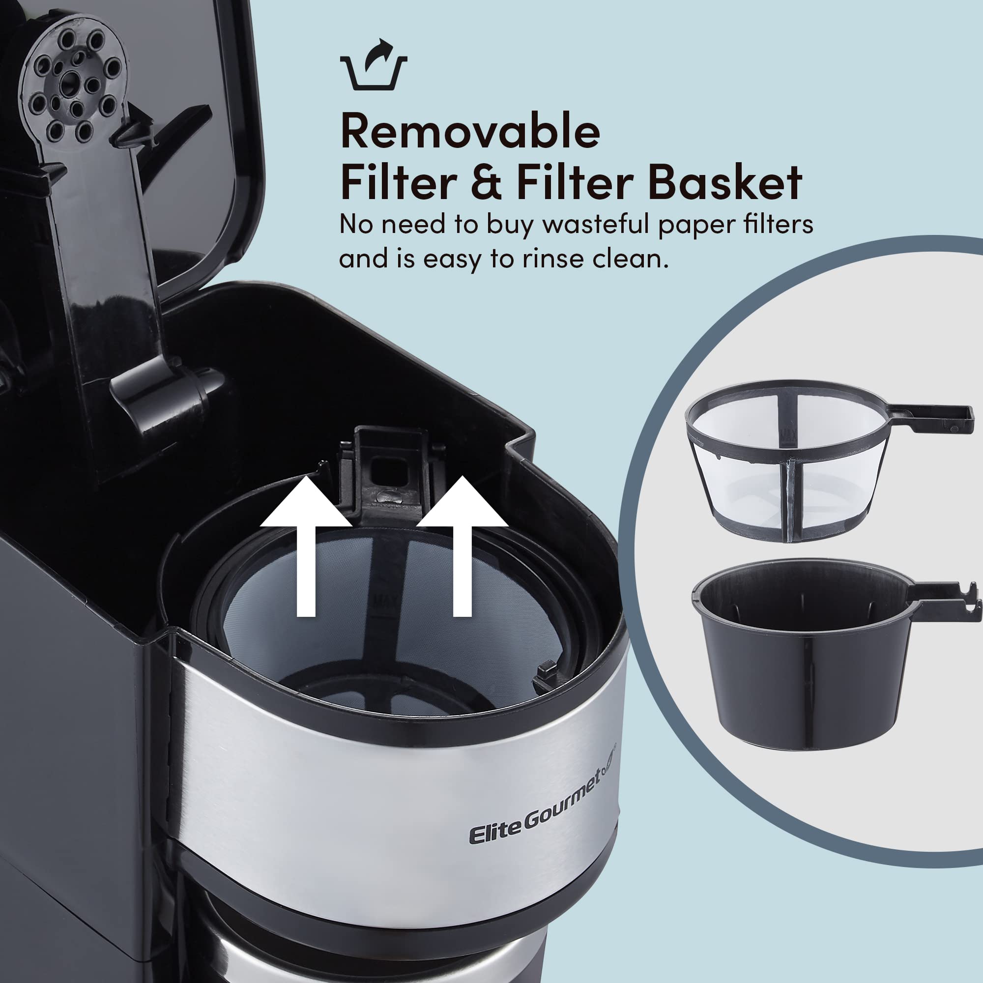 Elite Gourmet EHC112 Personal Single-Serve Compact Coffee Maker Brewer Includes 14Oz. Stainless Steel Interior Thermal Travel Mug, Compatible with Coffee Grounds, Reusable Filter