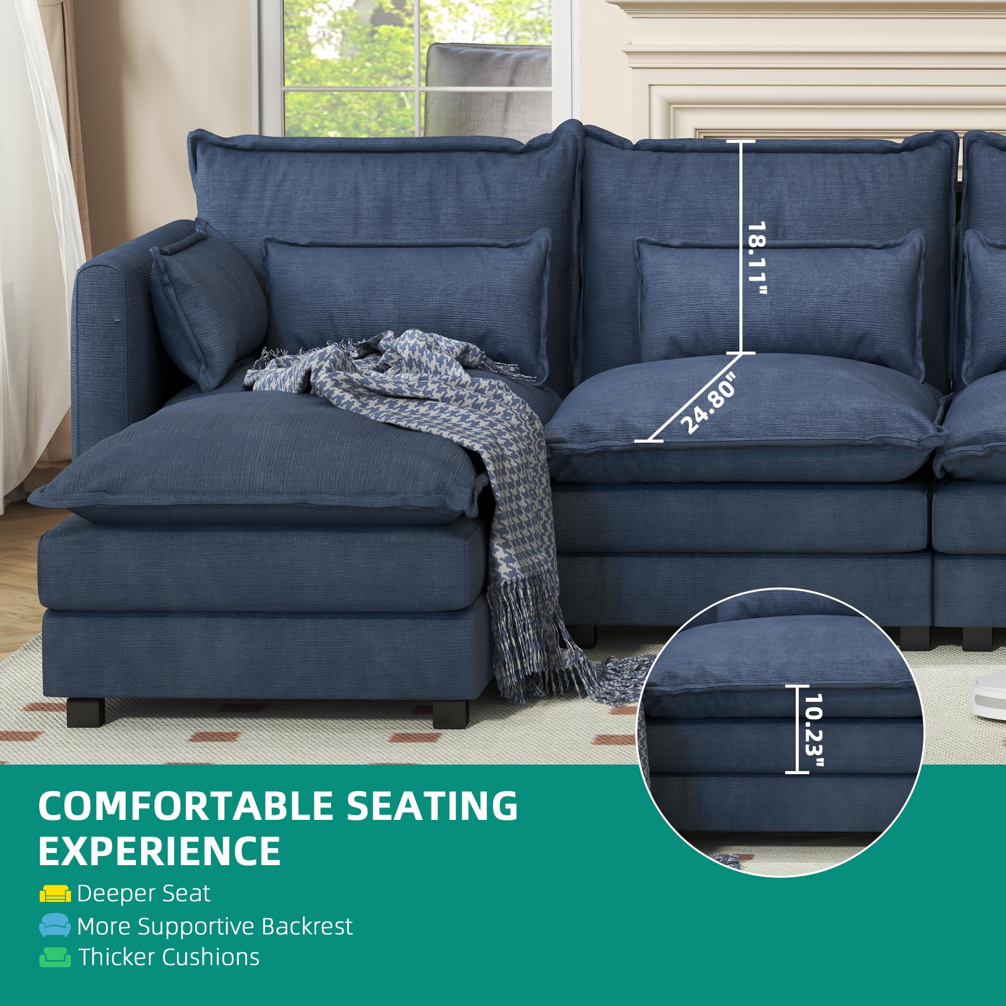 EDWELL Modular Sectional Sofa, Convertible L Shaped Couches Set with USB & Type-C Ports, Modern 3-Seater Comfy Cloud Couch with Moveable Ottoman for Living Room, DIY Combination, Blue