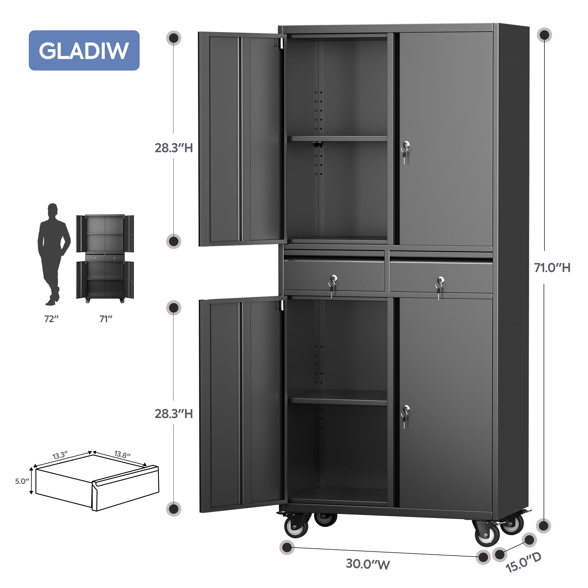 GLADIW Garage Storage Cabinet with Wheels, Metal Garage Storage Cabinet with 2 Drawers and 2 Adjustable Shelves for Homes, Offices, Kitchens, Schools and Pantries