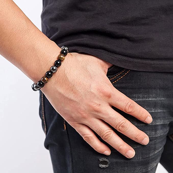 WFJ Black Obsidian Hematite Triple Protection Bracelet Tiger Eye Beads Bracelets for Men and women(10MM), Set of 2 black,gray 19cm