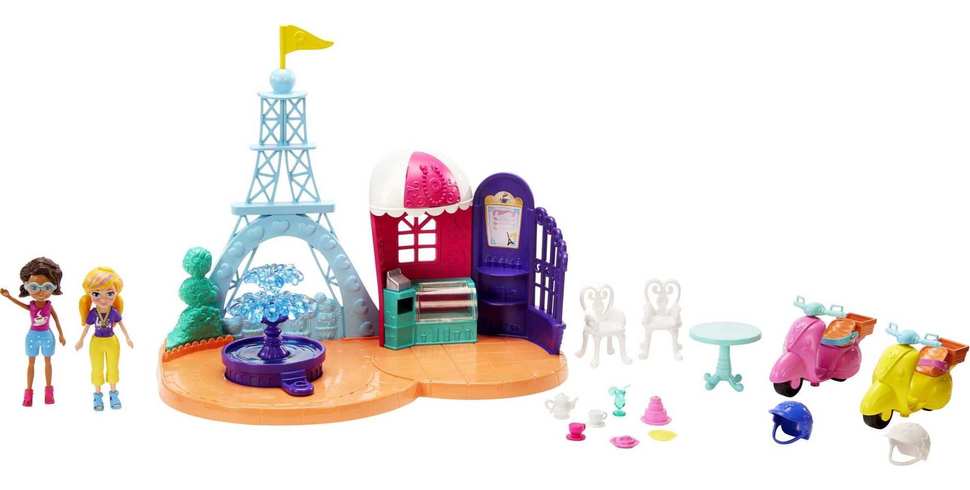 Polly Pocket Perfectly Paris Playset with 3-in Polly and Shani Dolls, 2 Scooters, 2 Helmets, Eiffel Tower, Fountain, Cafe, Table & 2 Chairs; For Ages 4 Years Old & Up [Amazon Exclusive]