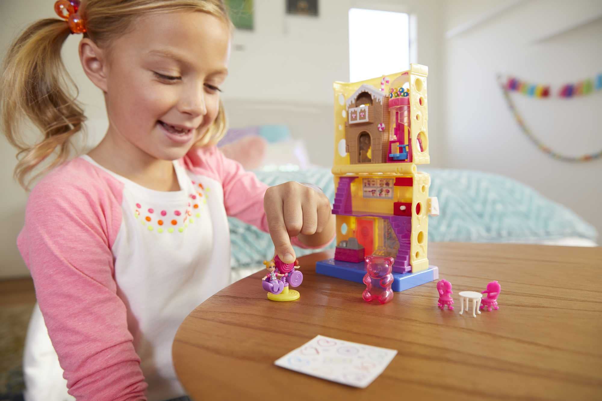 Polly Pocket Pollyville Candy Store with 4 Floors of Fun, Micro Polly & Lila Dolls, 1 Sticker Sheet and 5 Micro Accessories