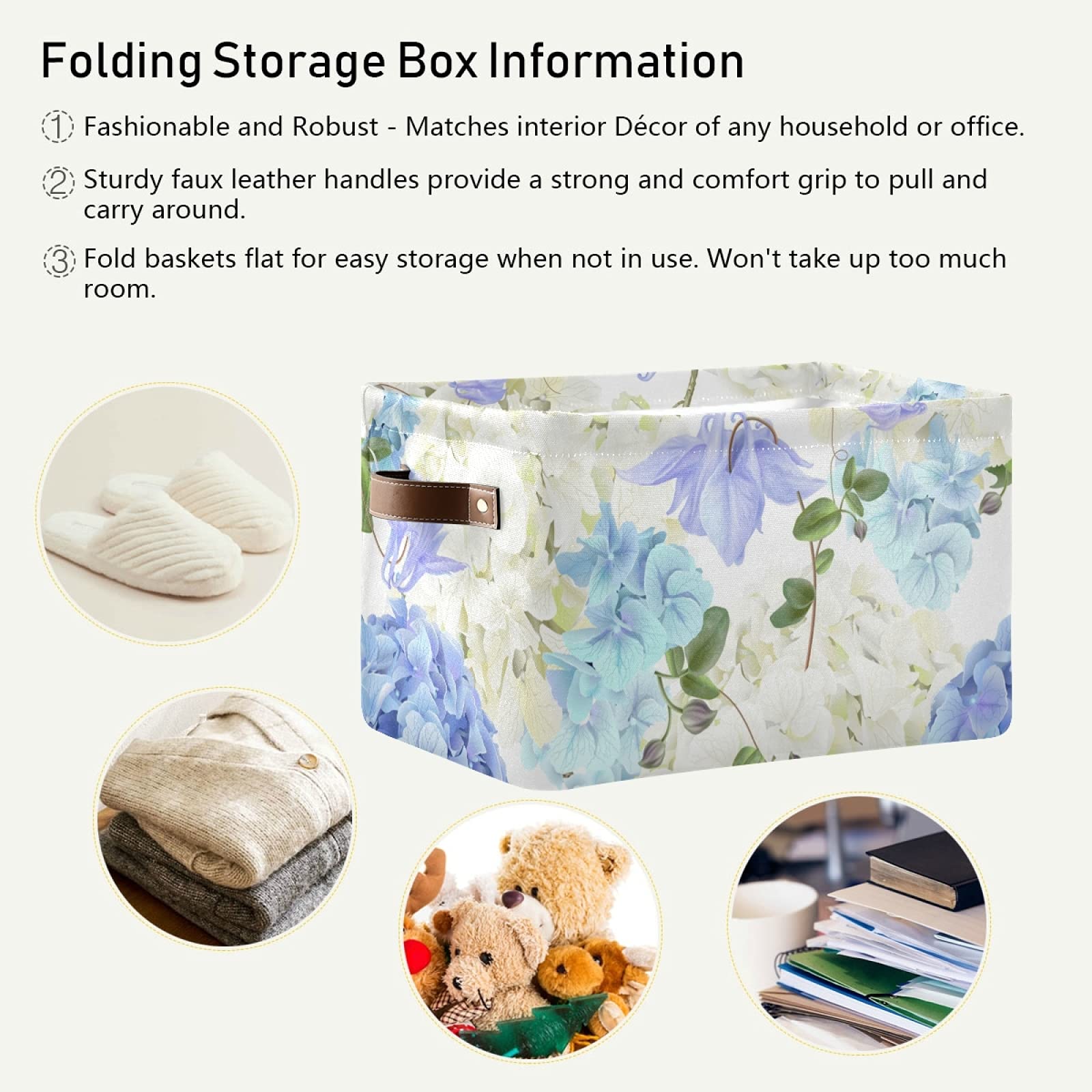 susiyo Blue White Hydrangea Flowers Storage Bins 2 Pcs, 14 x 10 inch Canvas Storage Basket for Shelves Closet Organizing