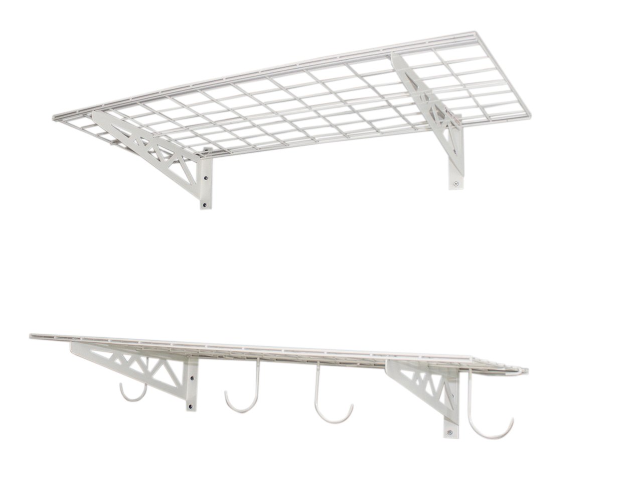 MonsterRax Garage Wall Shelf Two-Pack White or Hammertone Three Size Options Includes Bike Hooks 500lb Weight Capacity (White, 18"x36")