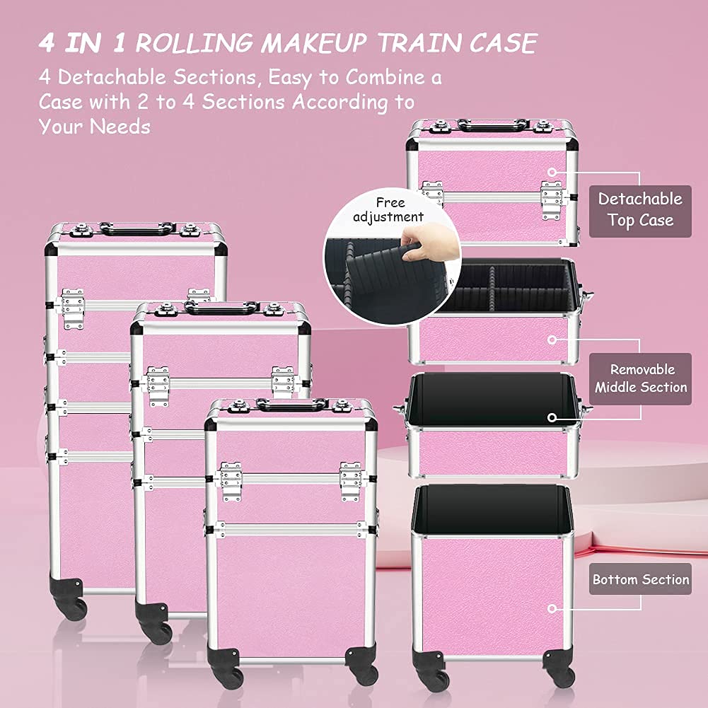 Cosmetic Rolling Makeup Train Case 4 in 1, Make Up Box Travelling Professional, Cosmetology Case on Wheels Pink Black Silver for Cosmetic, Hairstylist, Nail Technician, Tattoo