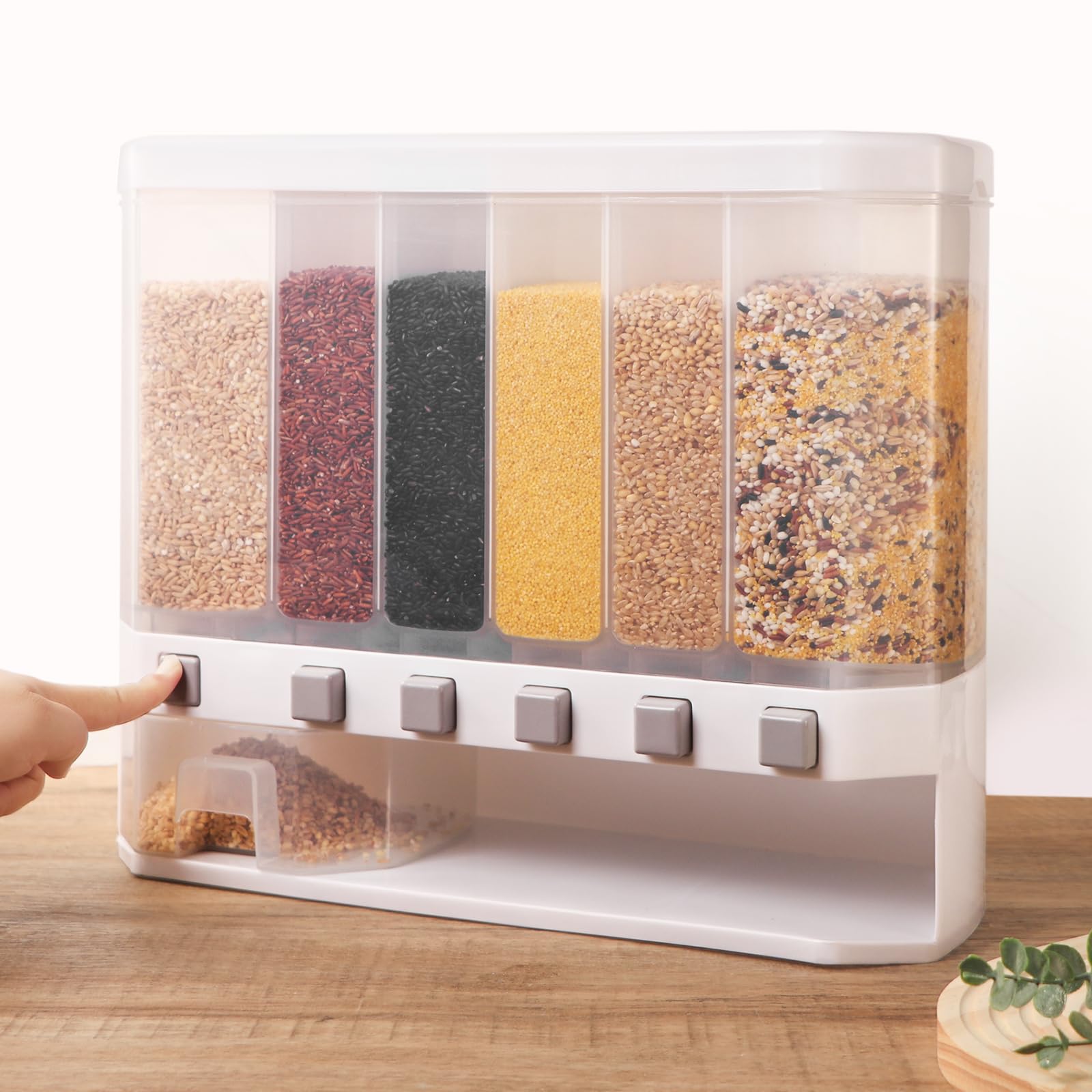 Grain Dispenser with Measuring Cup,Dry Food Dispenser Snack Dispenser Rice Dispenser for Kitchen Organizing,Kitchen Storage 25 Pounds Food Dispensers,6 Grid