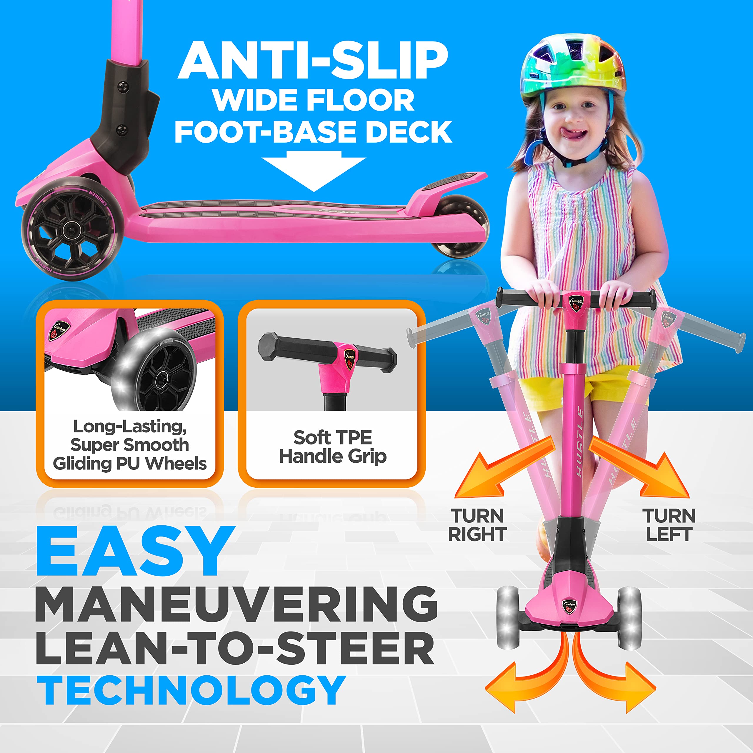 Hurtle 3 Wheeled Scooter for Kids - Foldable Stand Child Toddlers Toy Kick Scooters w/Built-in LED Wheel Lights, Anti-Slip Wide Deck, Adjustable Height, Great for Outdoor Fun -, Pink