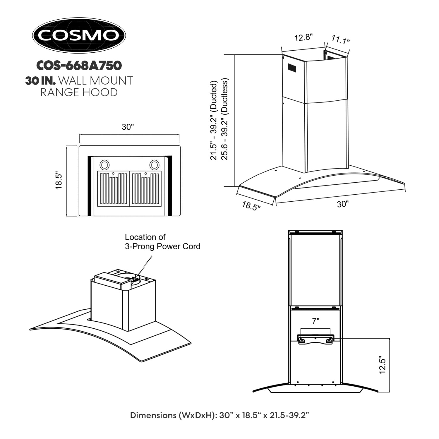 COSMO 668A750 Wall Mount Range Hood 380-CFM with Ducted Glass Chimney Kitchen Stove Vent, LED Light, 3 Speed Exhaust Fan, Permanent Filter, Stainless Steel (30 inch)