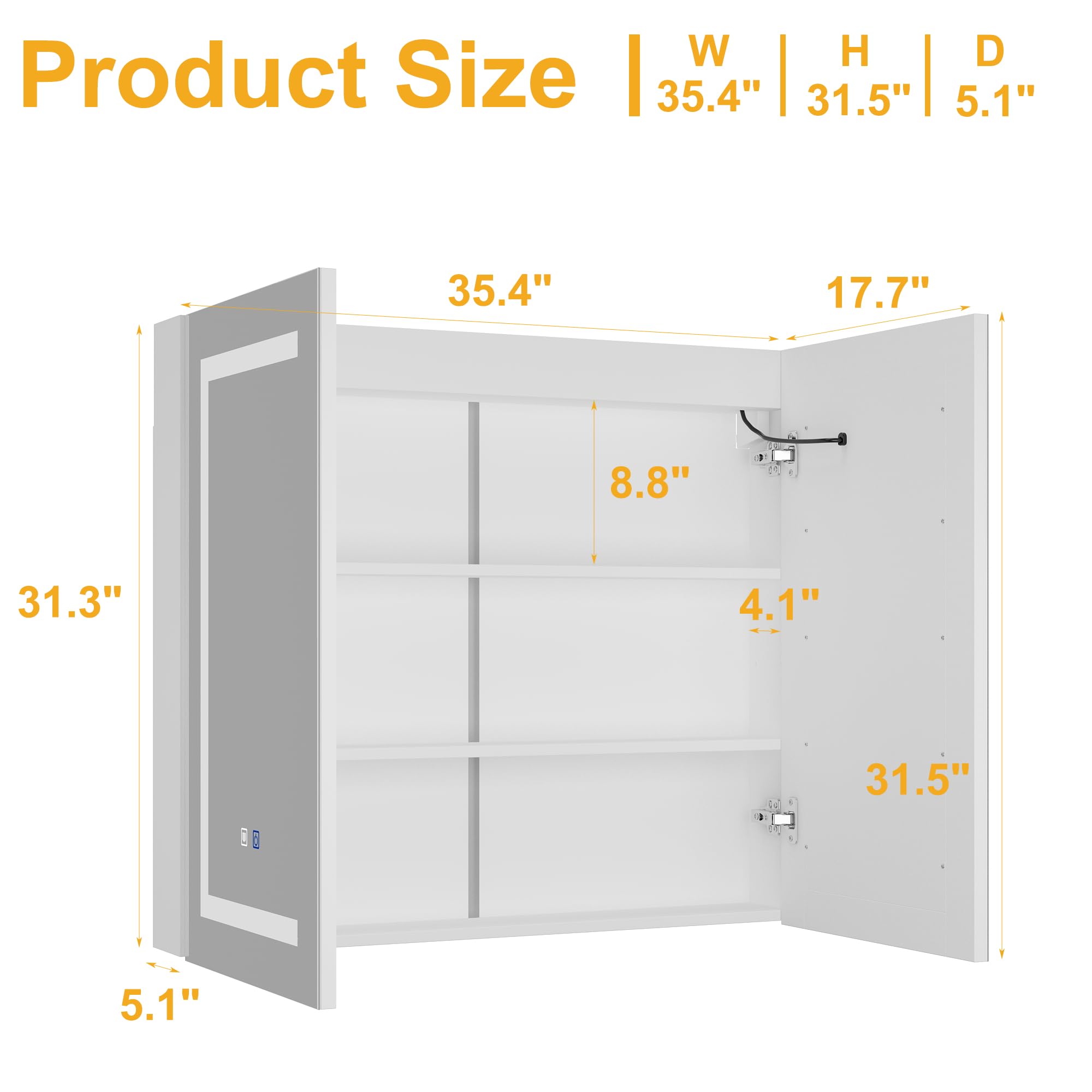 FUNISIR Lighted Medicine Cabinet with Mirror, 2 Doors Large Medicine Cabinet Mirror with Anti-Fog, Stepless Dimmable Light & Light Color Adjustment, Surface Mount, White, 35.4" W x 31.3" H