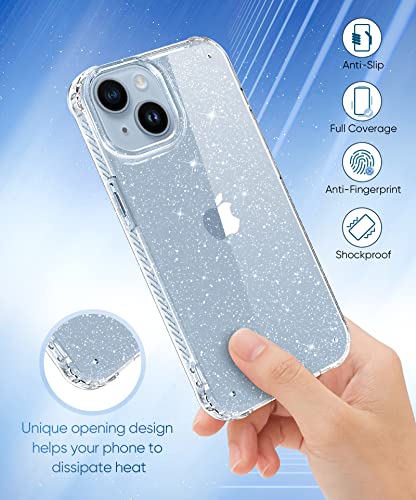 MIODIK for iPhone 14 Case with Screen Protector + Camera Lens Protector, [Non-Yellowing] Clear Glitter Phone Case, [Military-Grade Protective] Shockproof Women Cover for 6.1 Inch - Sparkle Clear