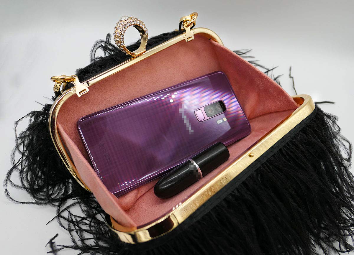 QEBURI Women Fluffy Ostrich Feather Evening Dress Clutch Bag Purse Shoulder Bag (Wine)