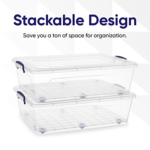 Superio Under Bed Storage Containers with Wheels (3 Pack), Flat Clear Storage Bin Stackable Large Storage Latch Box with Lids Store Cloths, Bedding, Linen, For Under The Bed, Garage, Home