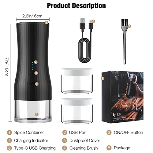 Electric Automatic Salt or Pepper Grinder, Pepper or Salt Mill Grinder USB Rechargeable, Upgraded Ultra-Larger Capacity with 3 Replaceable Container, LED Light, One Hand Operated