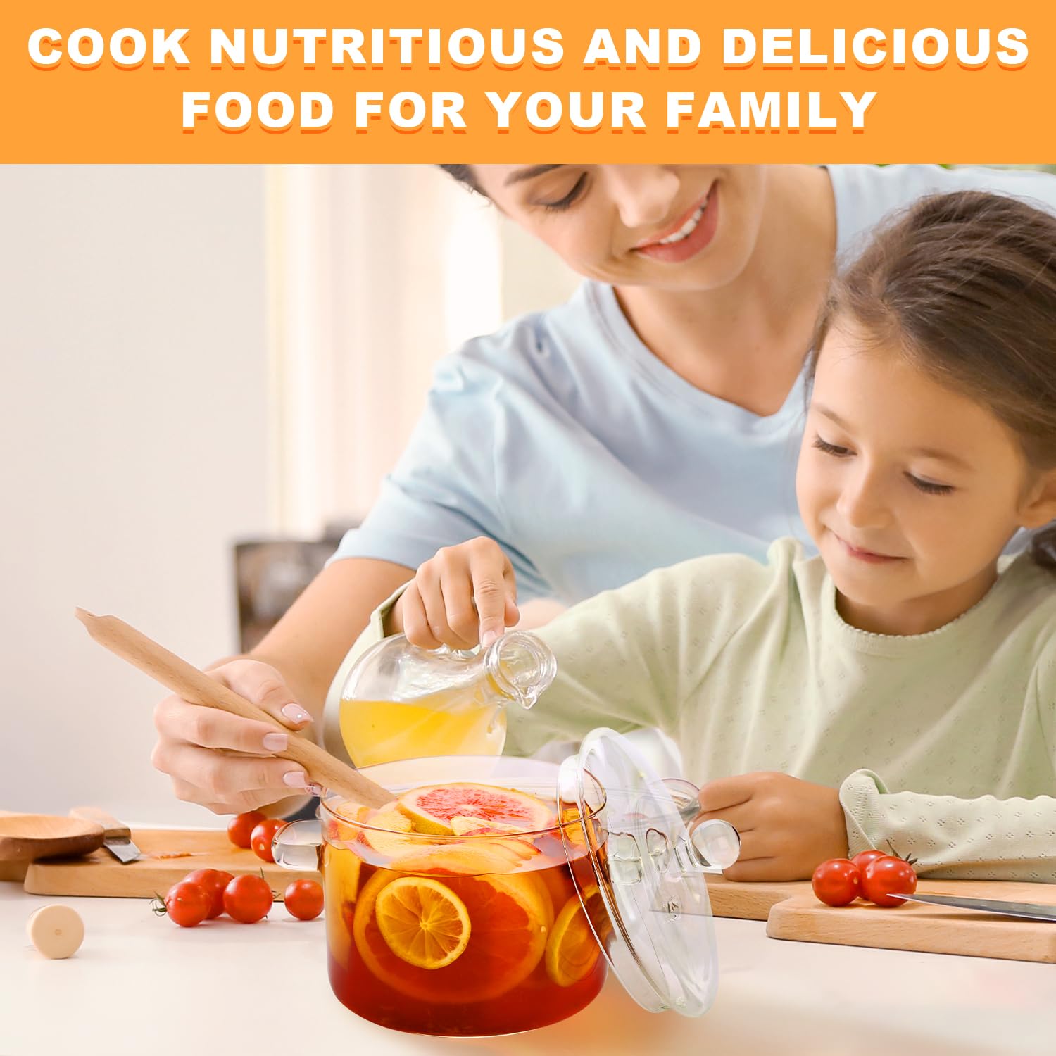 Glass Cooking Pot with Lid and Serving Bowl Set (64OZ/1.9L) - Durable Glass Simmer Pot for Stove Top - Clear Pots for Cooking, Potpourri, Pasta, Soup, Ramen, ect (Comes with Silicone Trivet Mat)