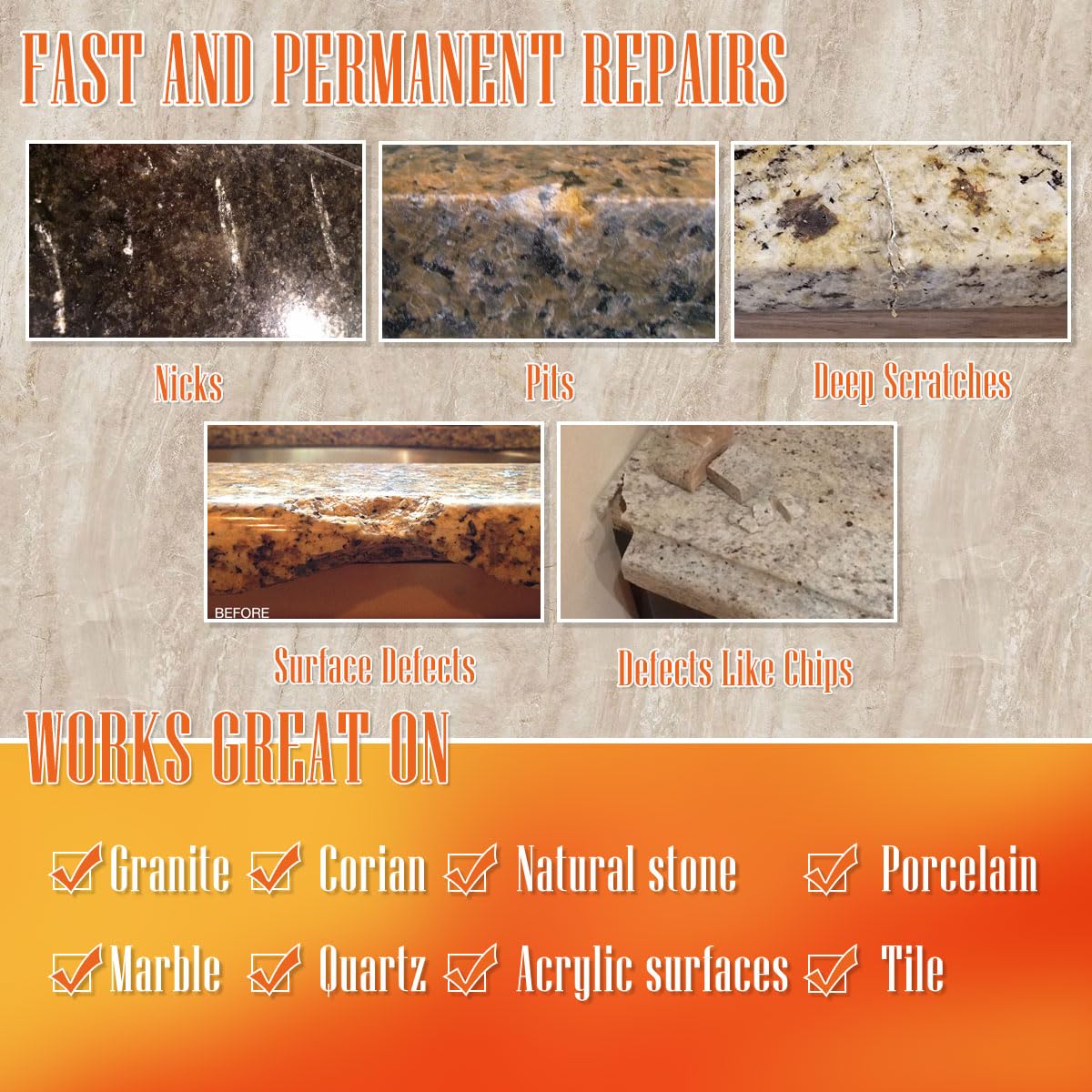Granite Repair Kit, Marble Repair Kit(Color Match), Quickly Fix Chips, Pits, Cracks, Deep Scratches on Granite, Marble, Travertine, Corian and Other Stones - Quartz Countertop Repair Kit