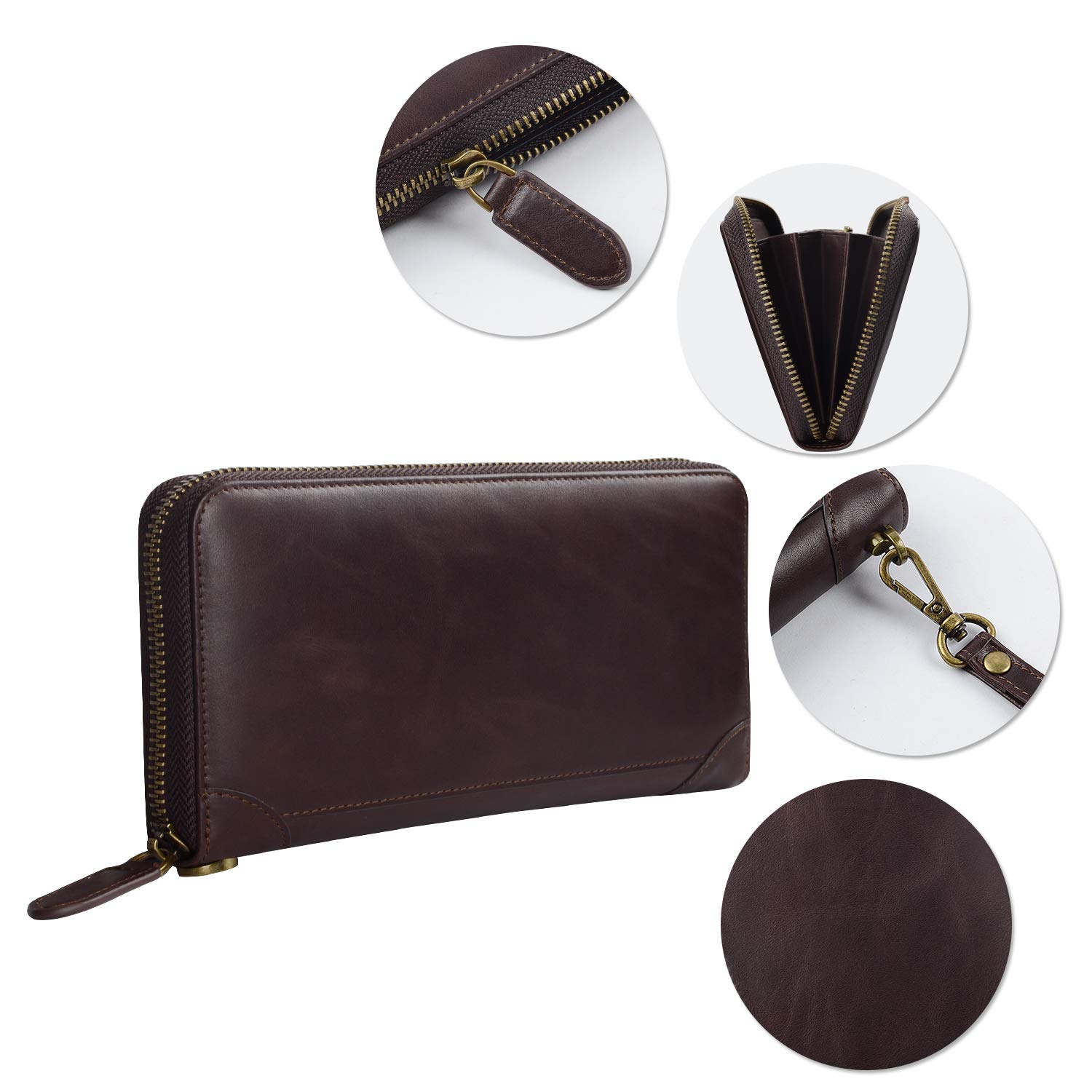 VISOUL Women’s RFID Blocking Genuine Leather Long Wallets with Detachable Wrist Strap, Large Capacity Zip Around Phone Holder Wallet for Women (Coffee)