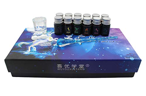 XIAOYU Luminous Glass Dip Pen Ink Set - Crystal Glass Dip Pen with 12 Colorful Inks for Art, Writing, Signatures, Calligraphy - Ice Blue