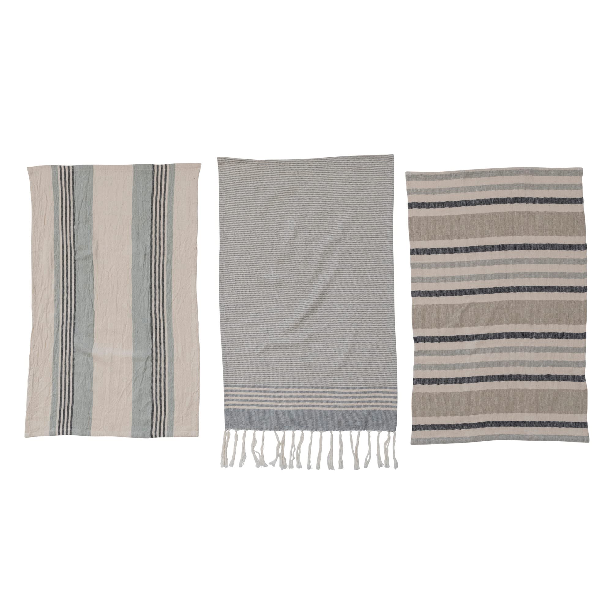 Creative Co-Op Cotton Stripes and Fringe, Set of 3 Styles Tea Towel, Multi