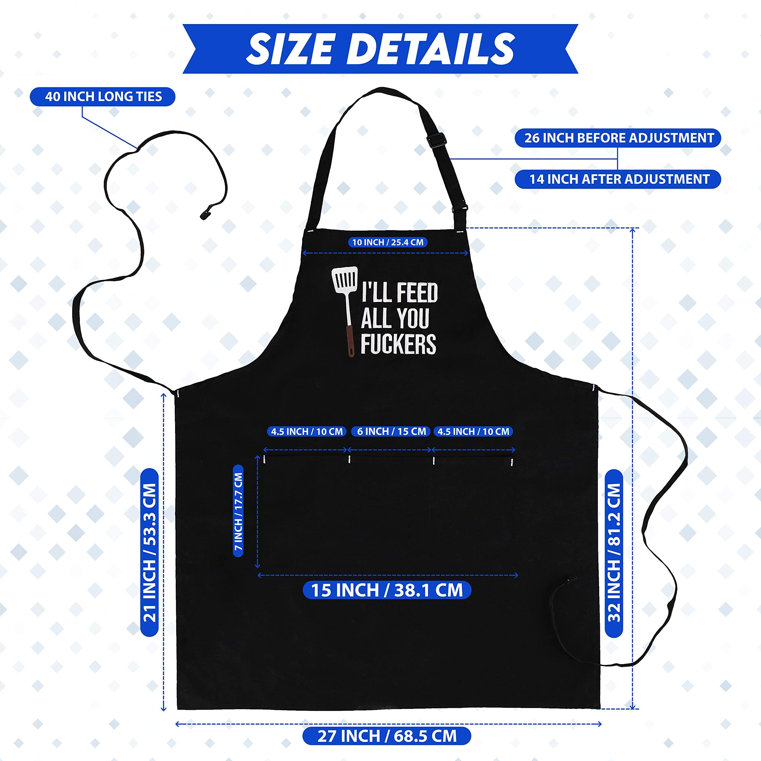 Exzillant - Embroidered Funny Aprons for Men - 3 pockets - Birthday, Christmas and Cooking Gifts for Dad, Brother, Husband - Polycotton -Black