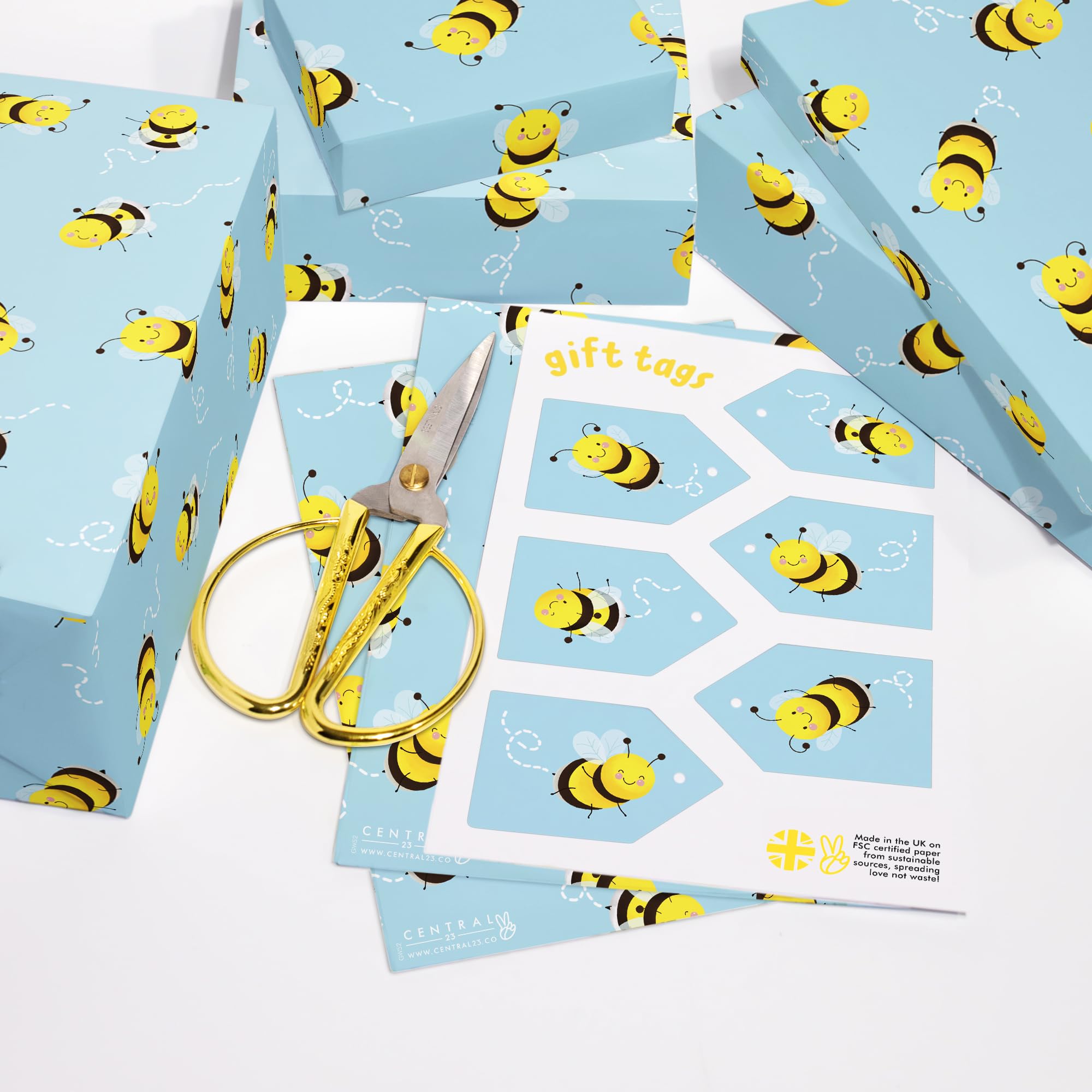 CENTRAL 23 - Blue Wrapping Paper - 6 Sheets - Bumblebee - Bee - Gift Wrap for Kids - Birthdays Easter Baby Shower Decoration - Men Women - Recyclable