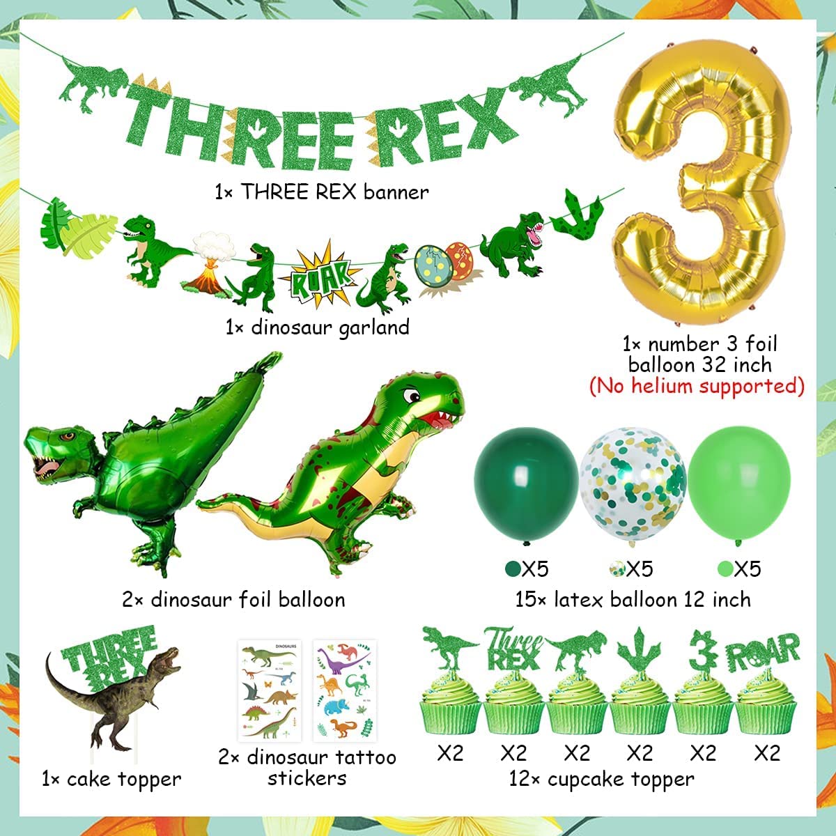 Dinosaur 3rd Birthday Decorations, 3 Rex Birthday Party Supplies - Three Rex Banner, Cake&Cupcake Toppers, Dinosaur Balloons,Temporary Tattoos for Roar I’m 3 Boys Girls Birthday